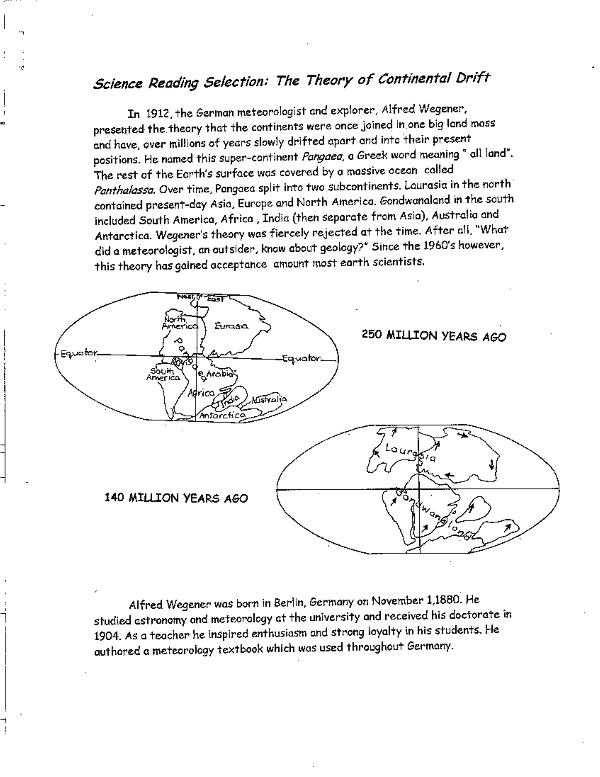 Science Reading Selection: Theory of Continental Drift (Part I & II ...