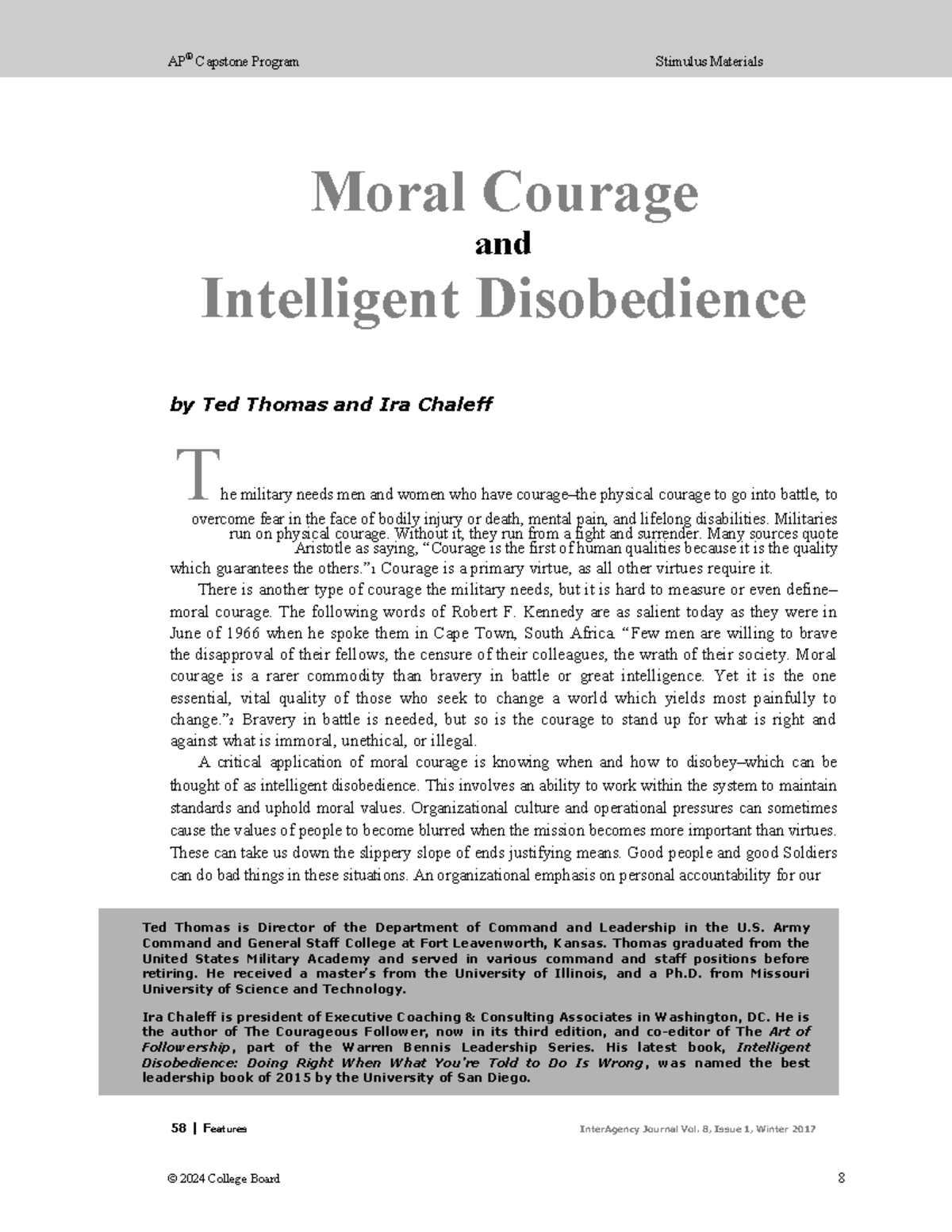 AP Seminar 2024 Reading 1: Moral Courage & Intelligent Disobedience ...