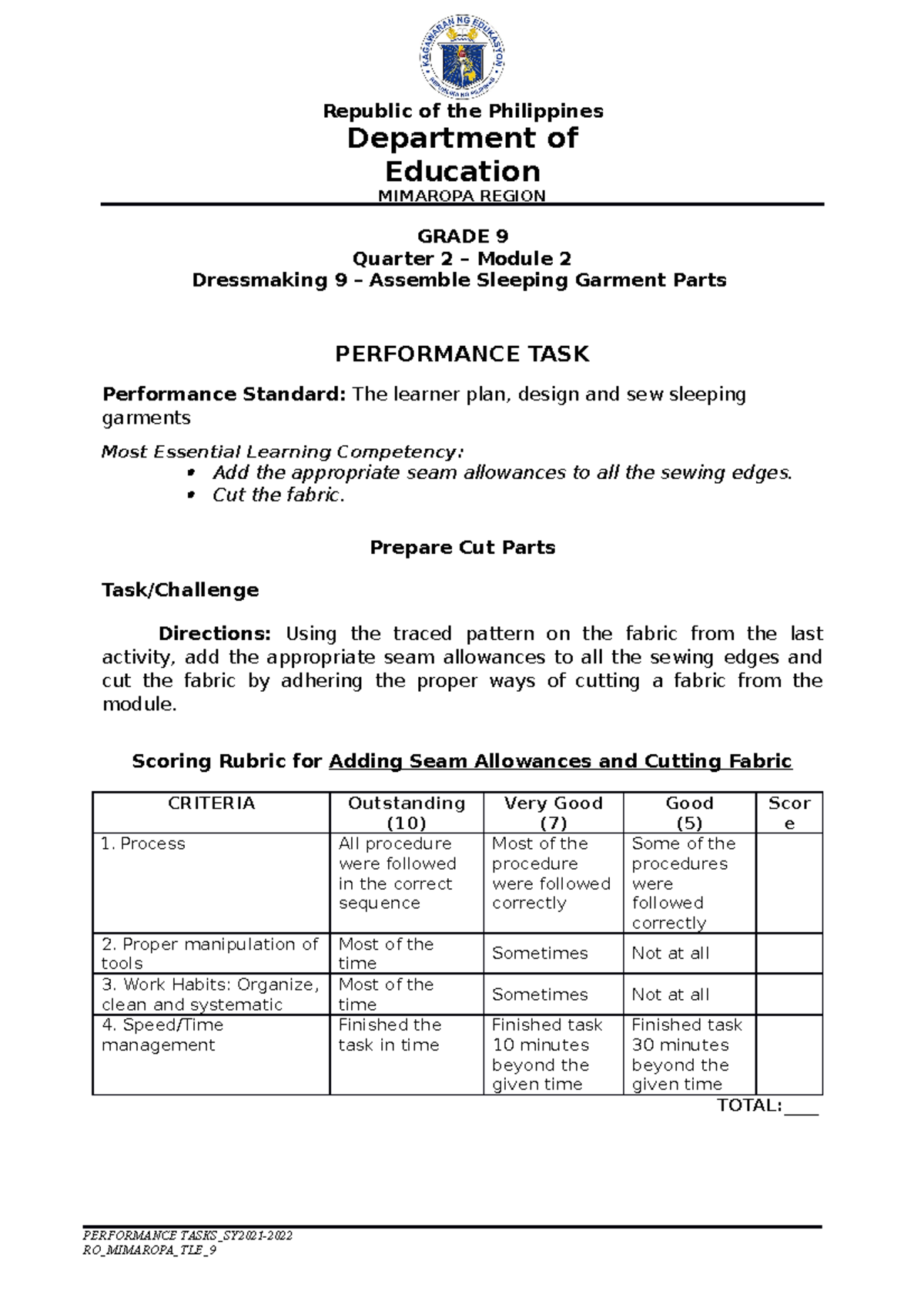 Grade 9 TLE Q2-M2 Performance Task: Sewing Sleeping Garment Parts - Studocu
