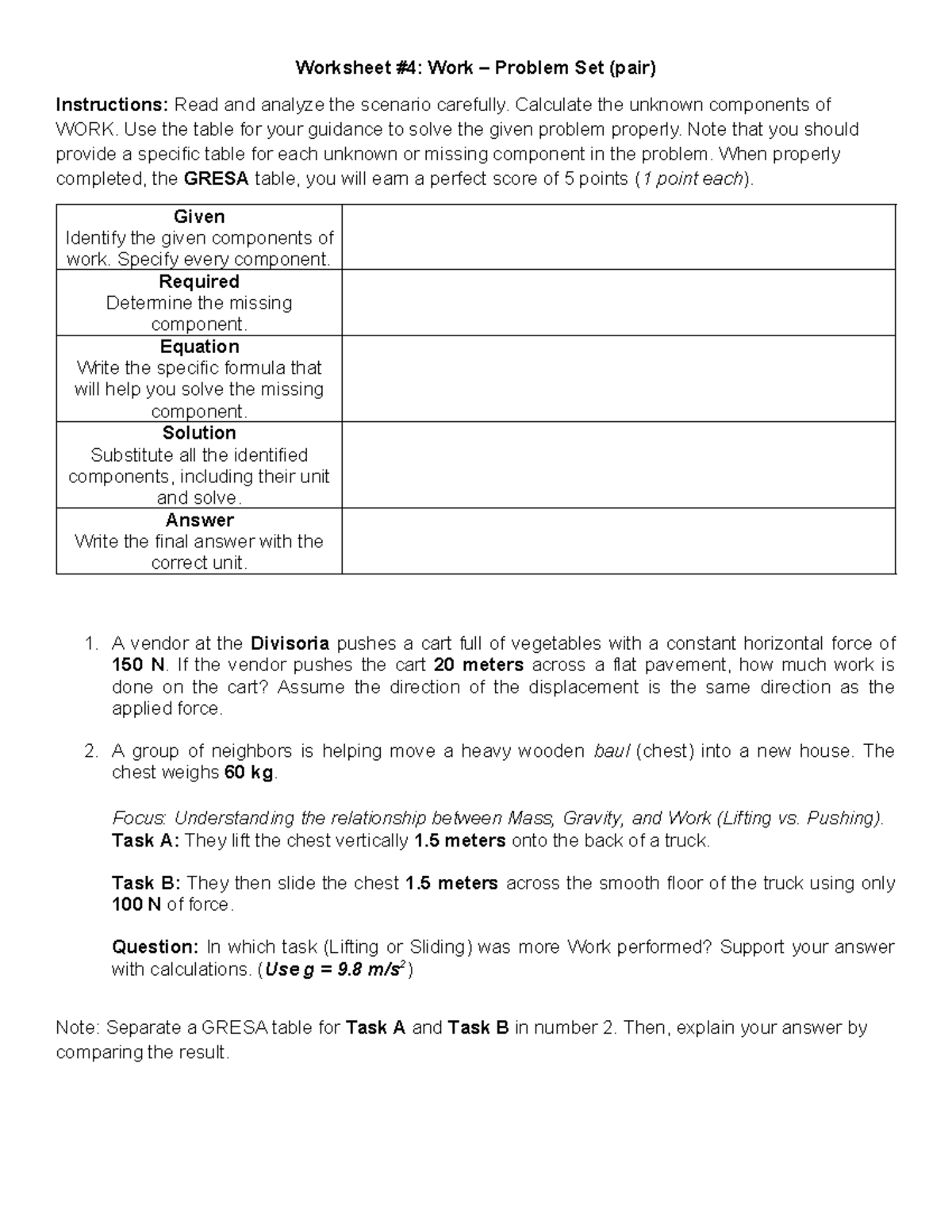 Worksheet 4: Work Problem Set & GRESA Analysis - Studocu