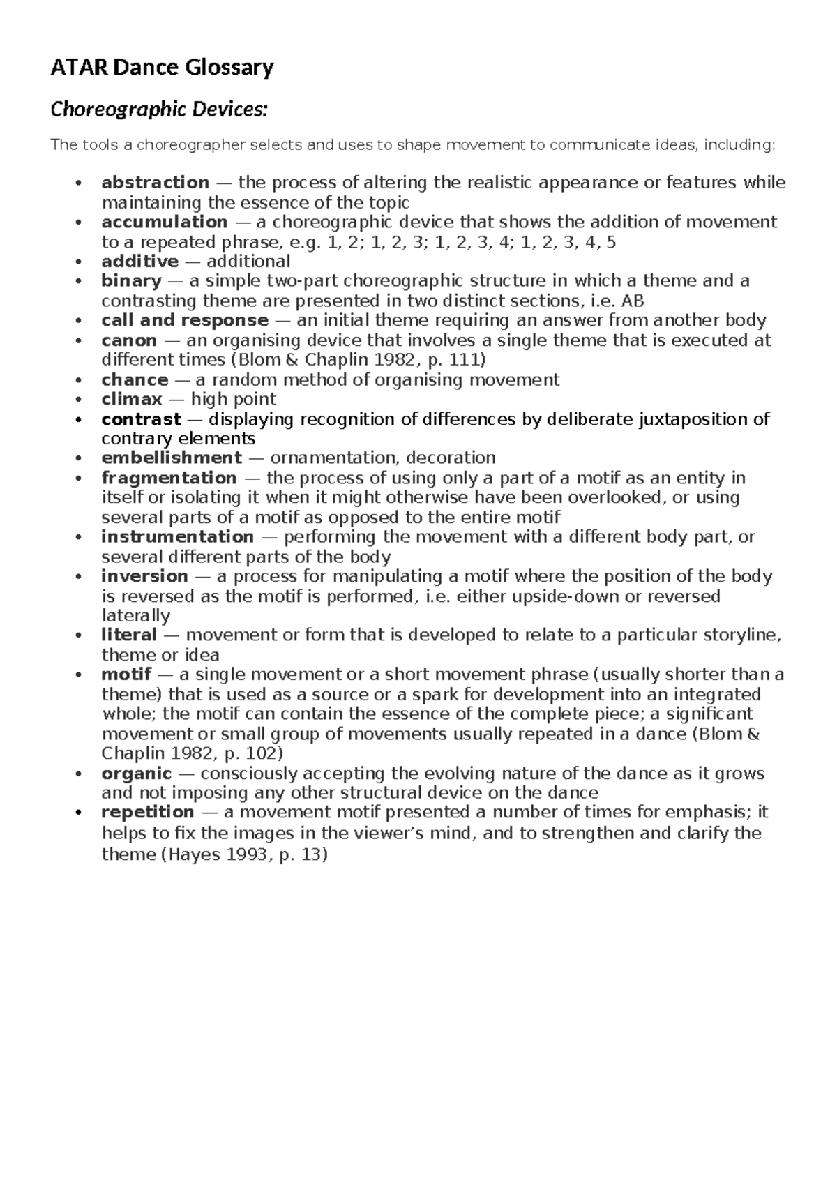 ATAR Dance Glossary: Key Choreographic Devices Explained - Studocu