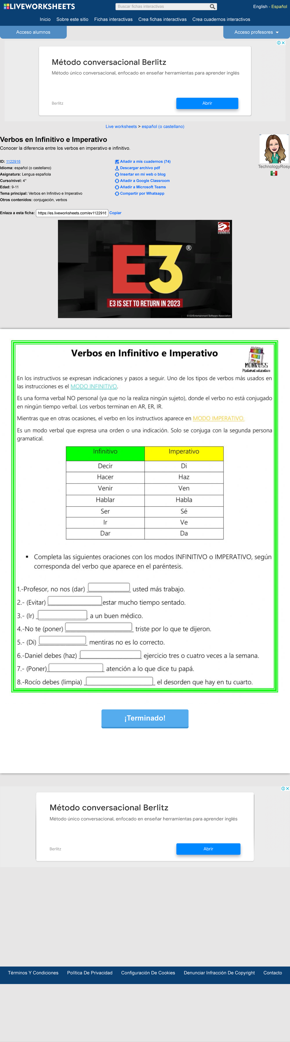Ejercicio: Verbos en Infinitivo e Imperativo para 4° Lengua Española ...