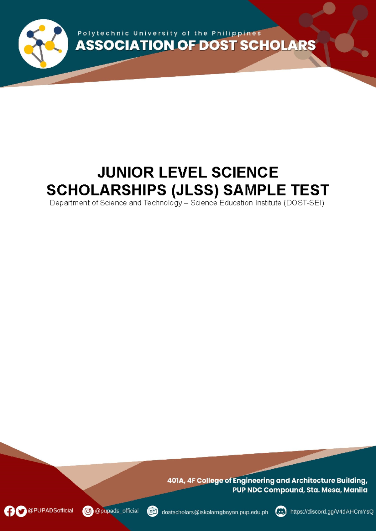 JLSS Sample Test: Junior Level Science Scholarship Exam - Studocu