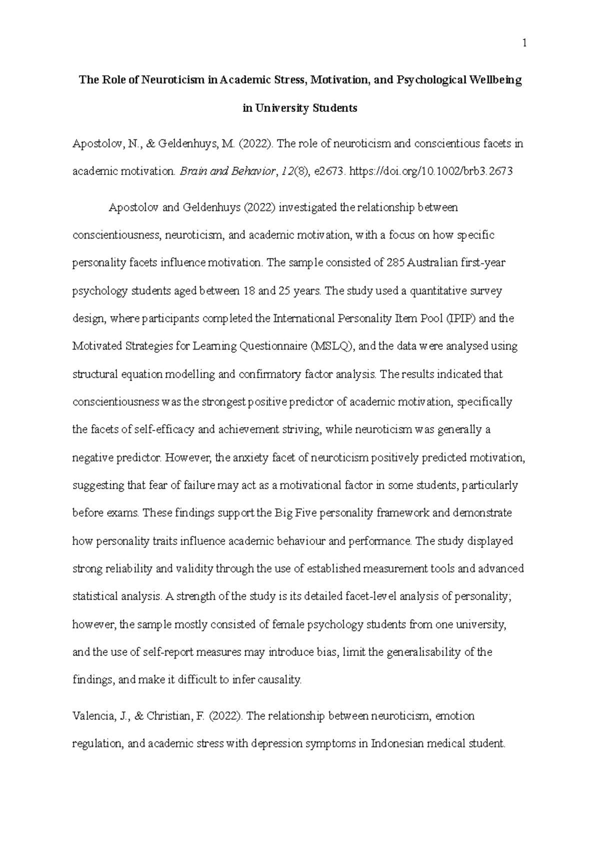 PSYU3336 Annotated Bibliography on Neuroticism and Academic Stress ...