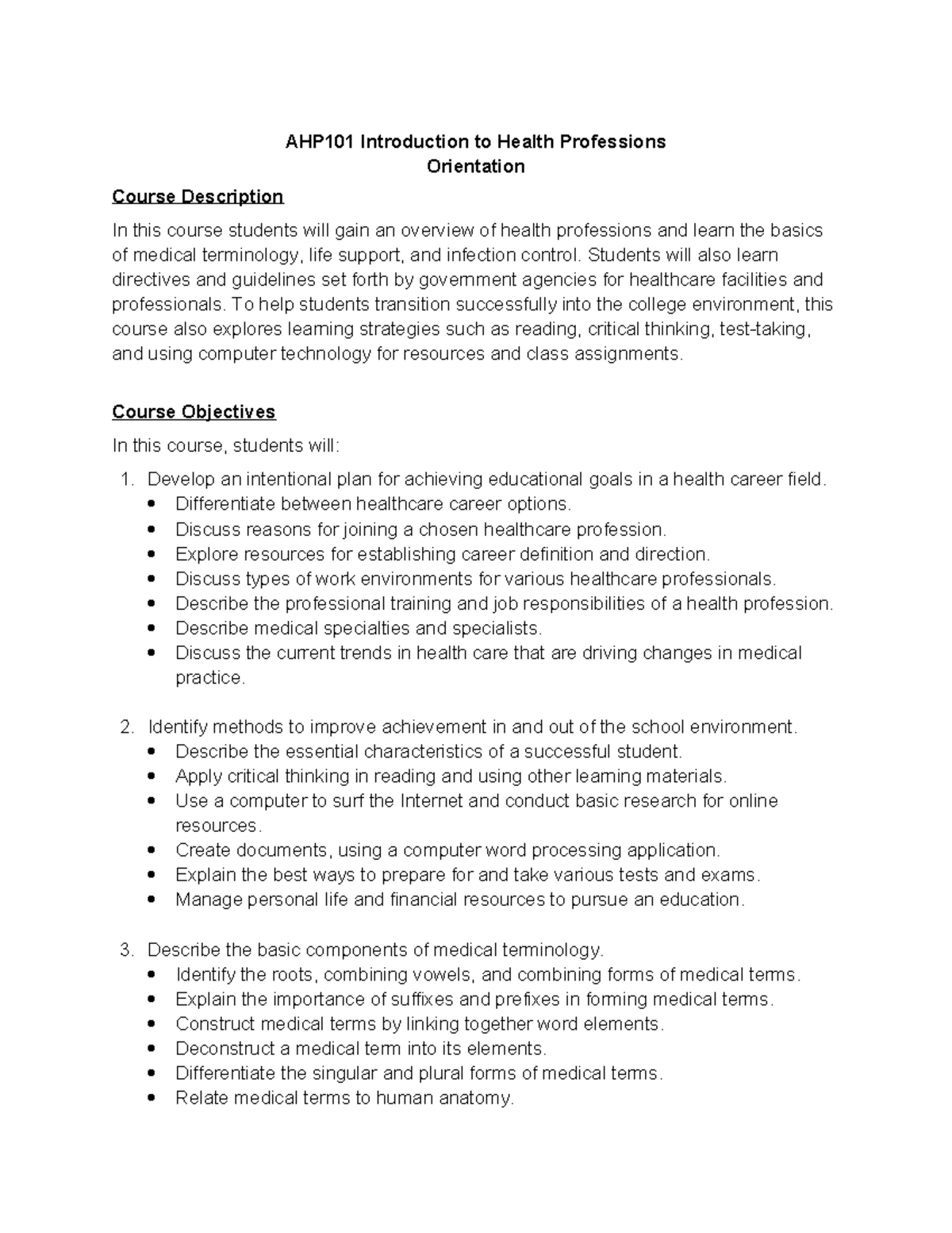 AHP101 Course Orientation - AHP101 Introduction to Health Professions ...