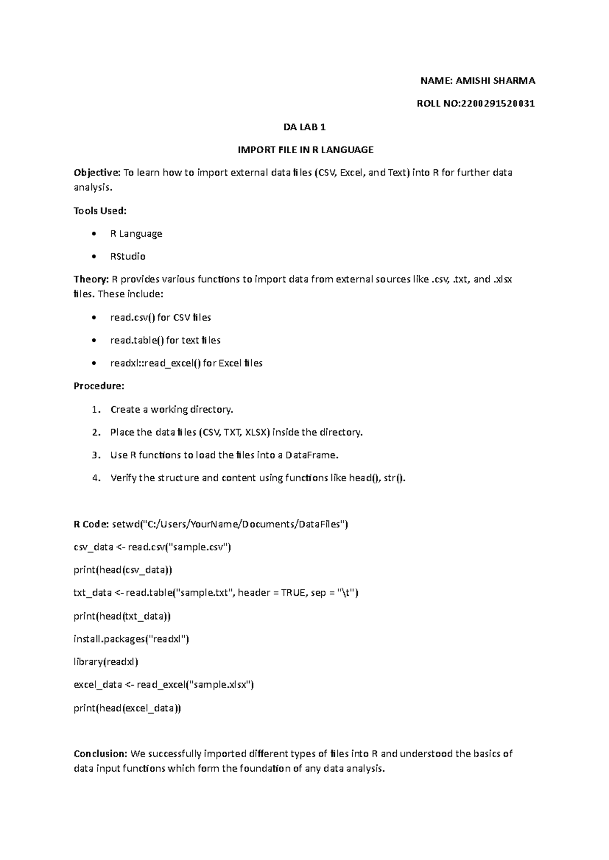 Lab 1 - Importing Data Files in R for Data Analysis (DA 2200291520031 ...