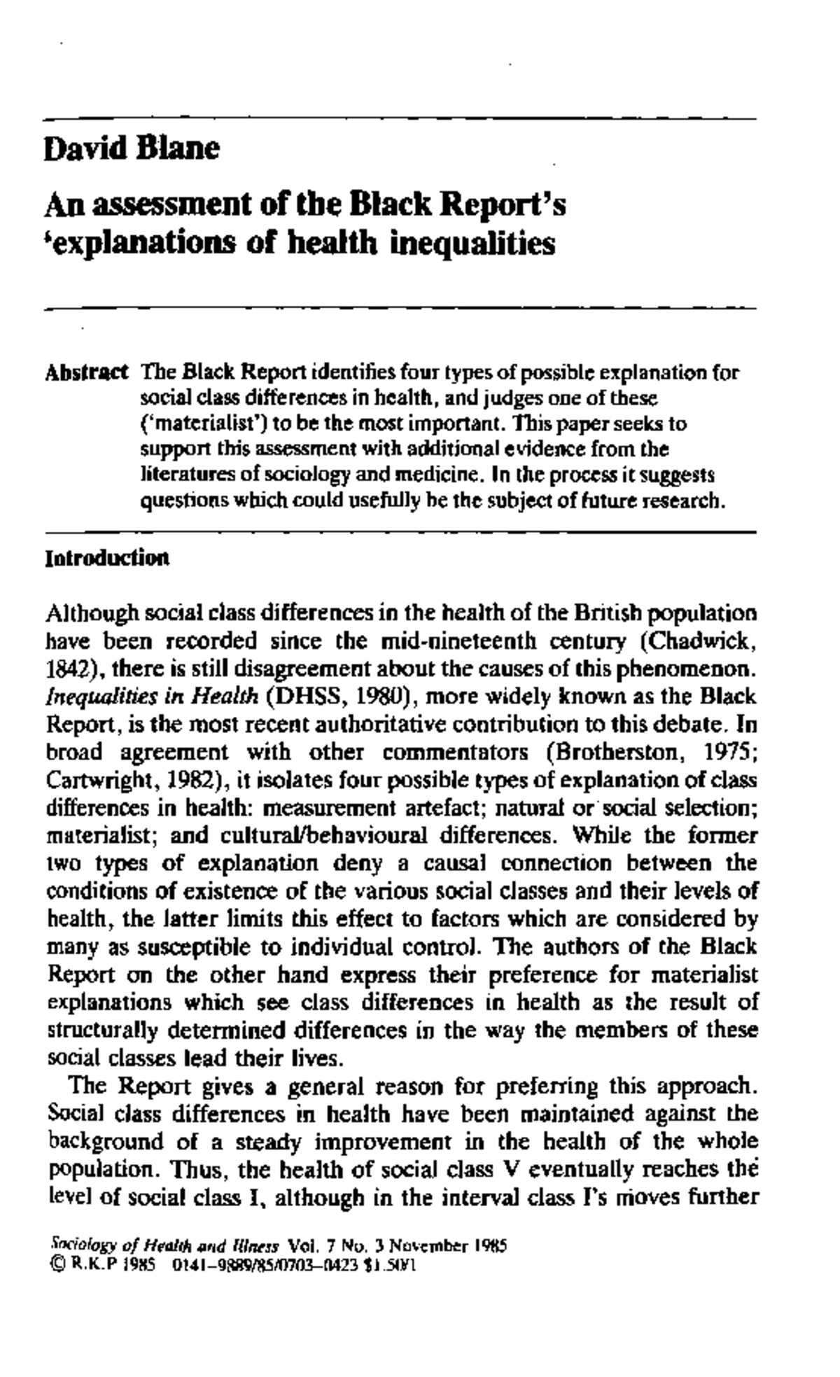 Assessment of the Black Report's Explanations of Health Inequalities ...