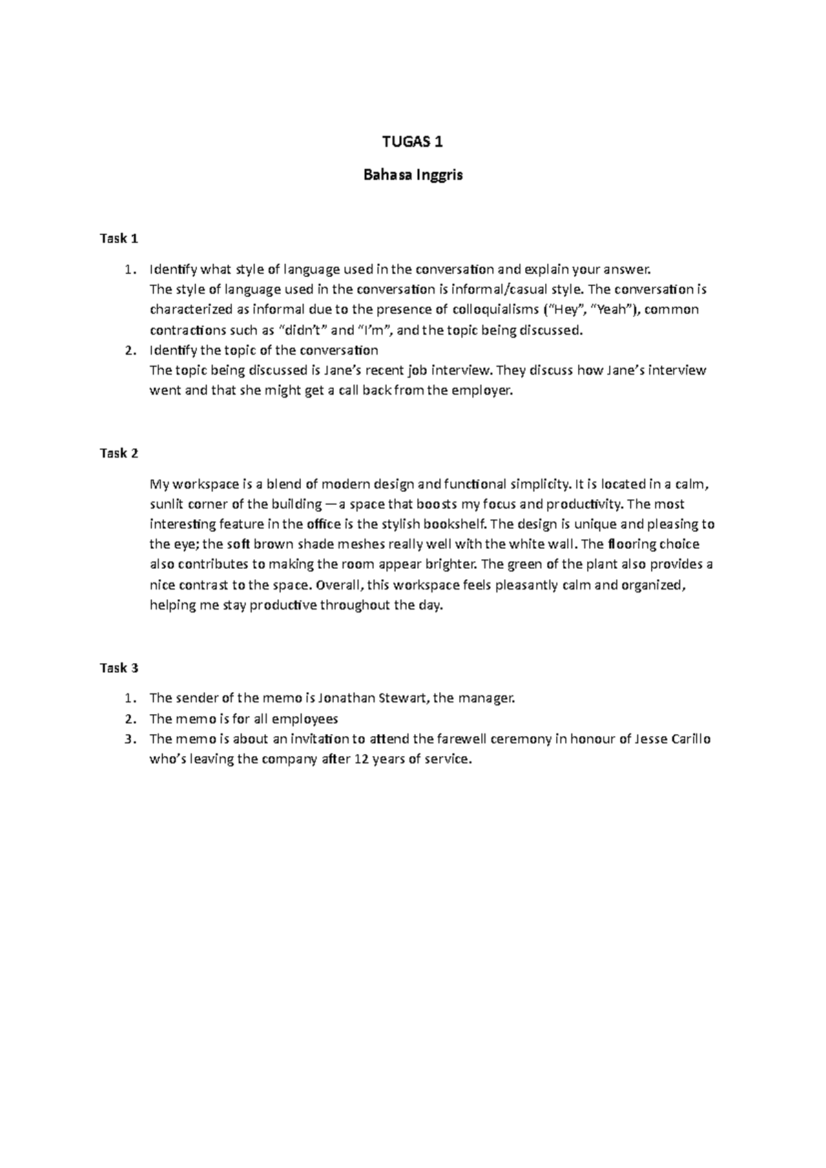 TUGAS 1 Bahasa Inggris: Language Style & Workspace Analysis - Studocu