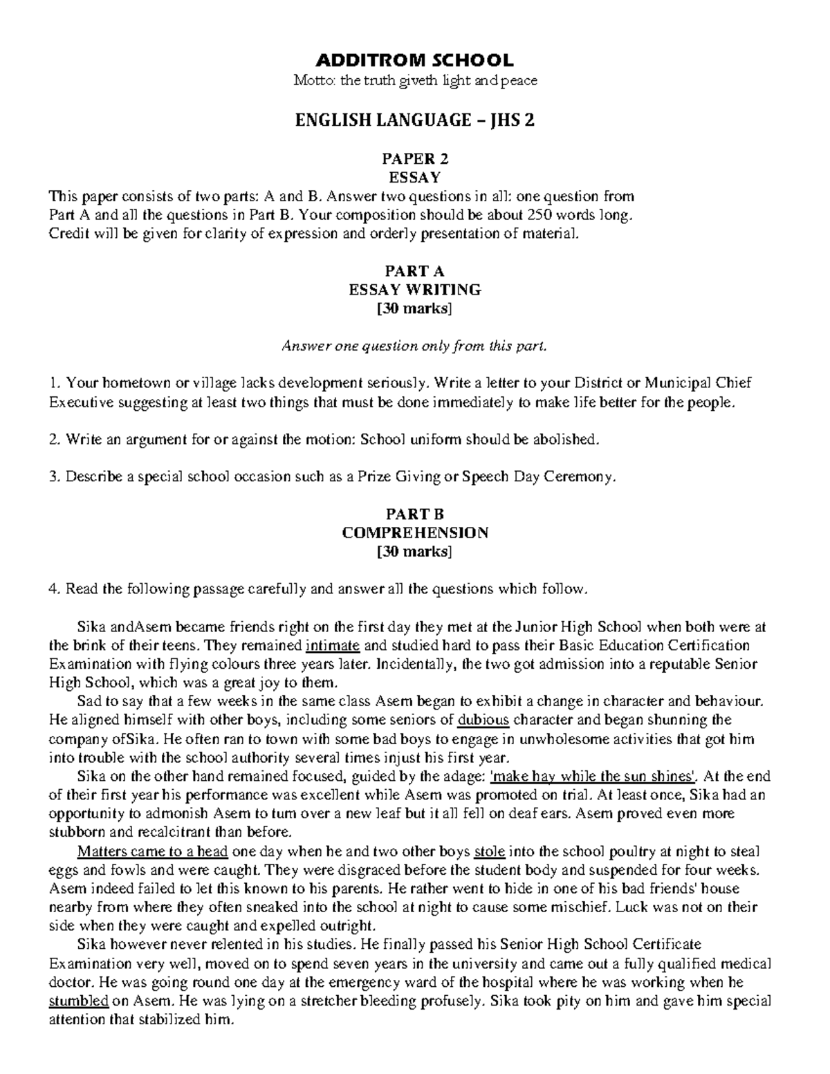 English JHS 2 - Paper 2 Essay & Comprehension Practice Questions - Studocu