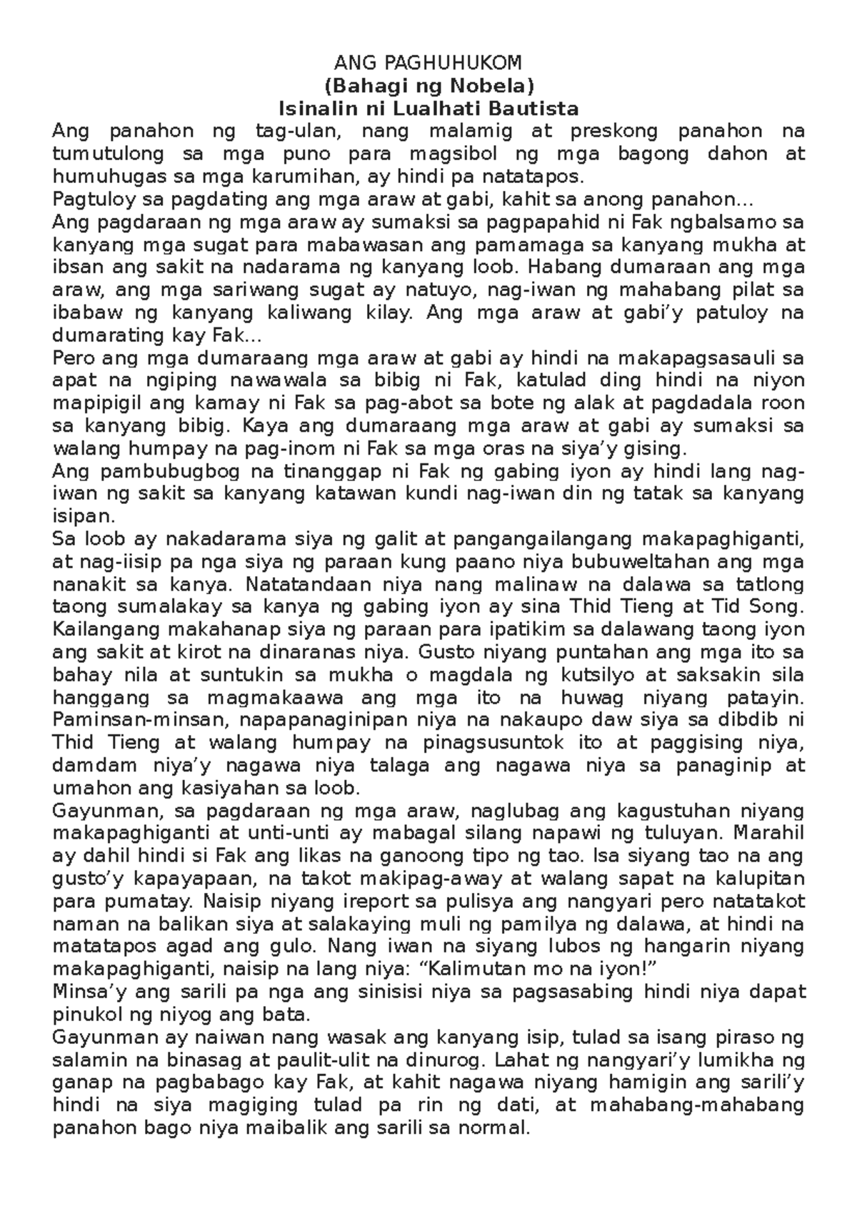 Ang Paghuhukom: Isang Pag-aaral sa Nobela ni Lualhati Bautista (F9 ...