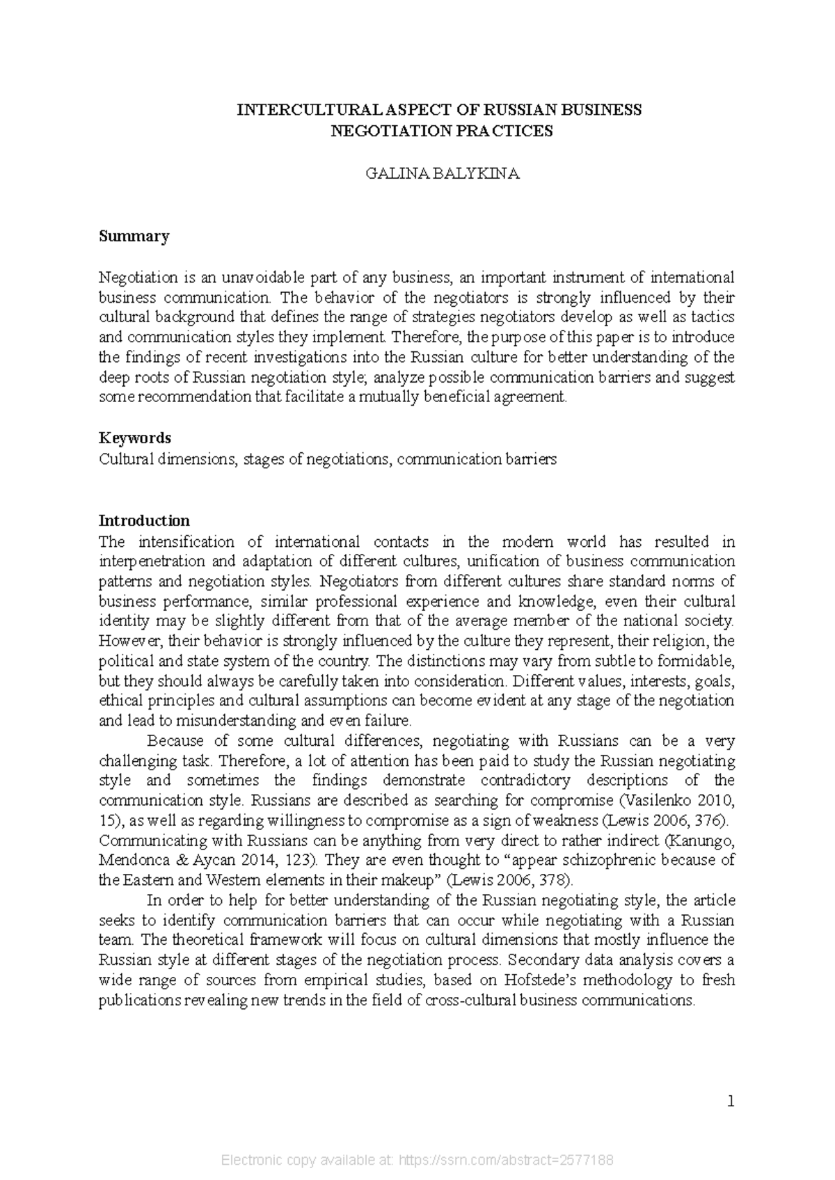 INTERCULTURAL DIMENSIONS IN RUSSIAN BUSINESS NEGOTIATIONS: A STUDY ...