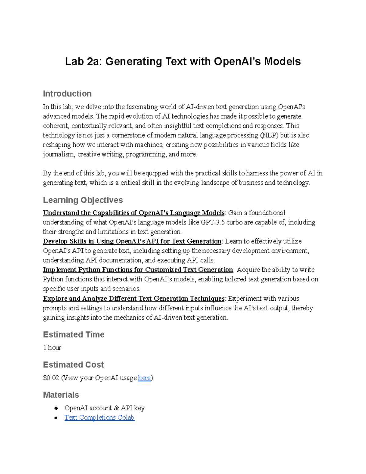 Lab 2a: Text Generation Techniques with OpenAI Models - Studocu