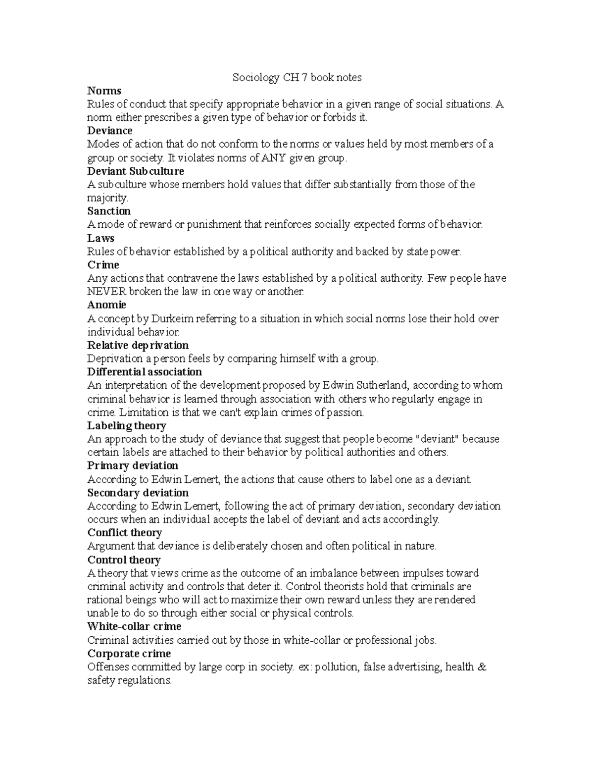 Sociology CH 7: Norms, Deviance, and Social Control Concepts - Studocu