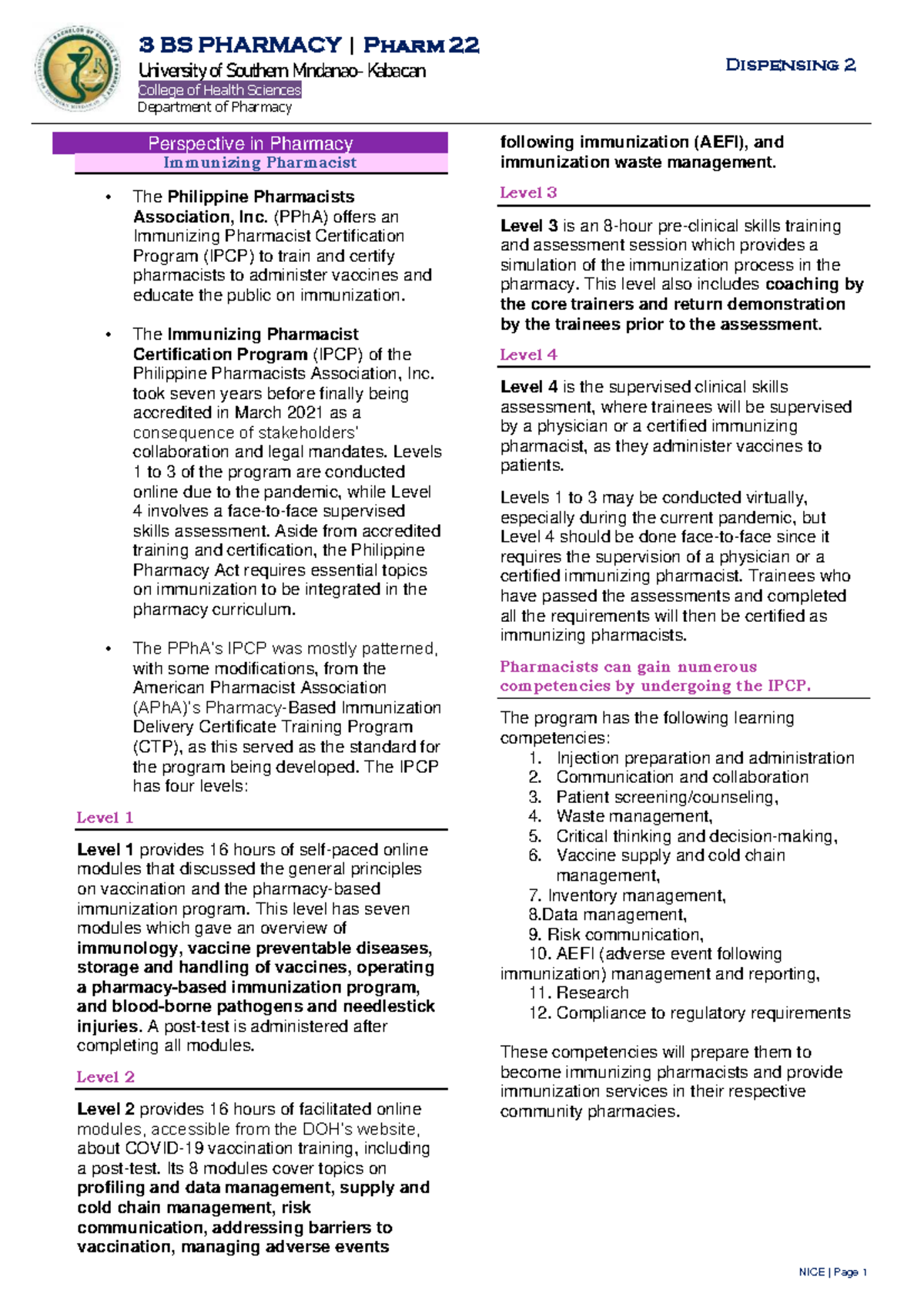 3 BS PHARMACY Pharm 22 Dispensing 2: Immunizing Pharmacist Certification - Studocu