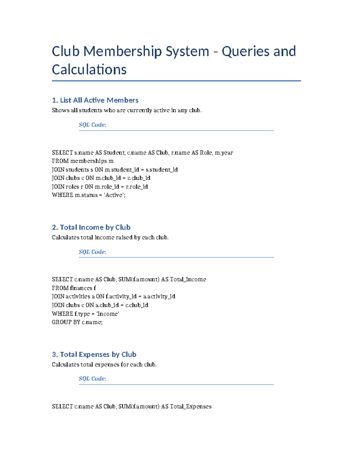 Club Membership System Queries & Calculations (SQL) - Studocu