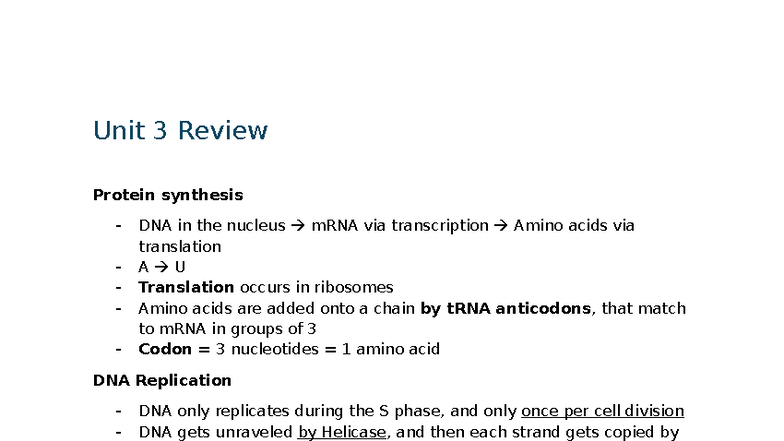 Unit 3 Review: Protein Synthesis, DNA Replication & Mutations - Studocu