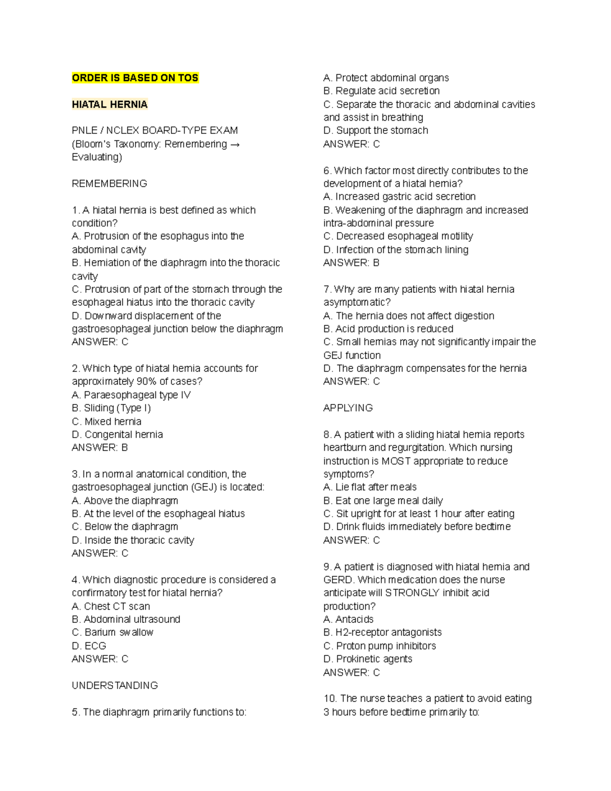 Hiatal Hernia and GERD: NCLEX PNLE Exam Review - Studocu