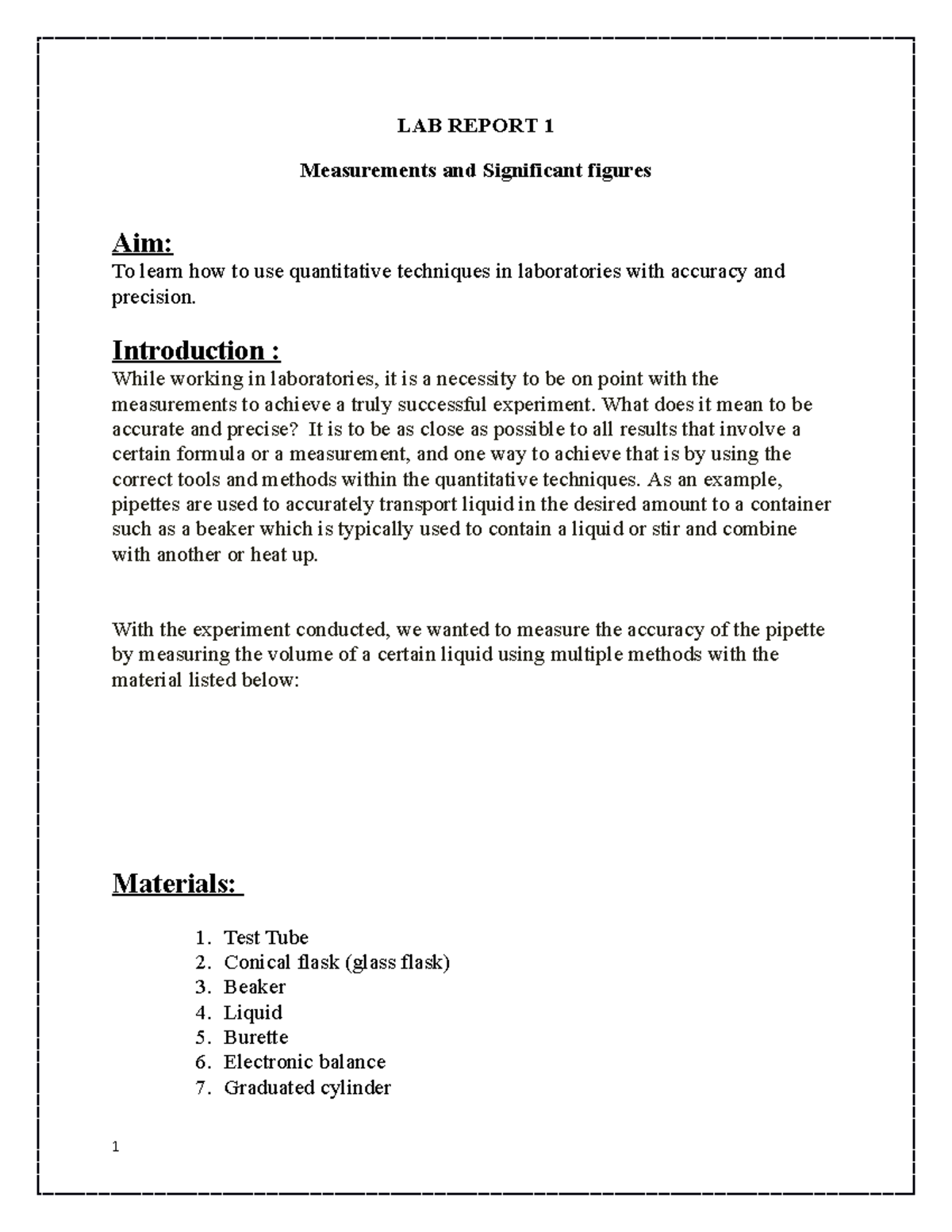 Lab Report 1: Measurements & Significant Figures in Experiments - Studocu