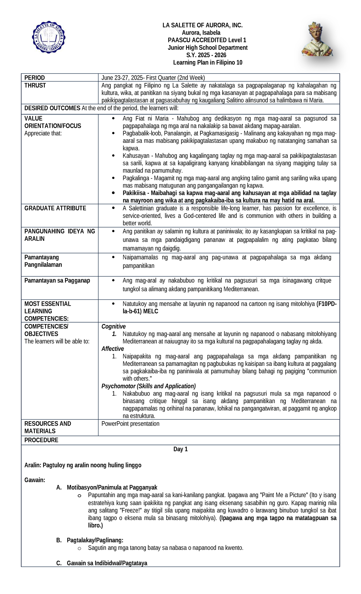 Week 2 Filipino 10 - Lesson Plan for S.Y. 2025-2026 - Studocu