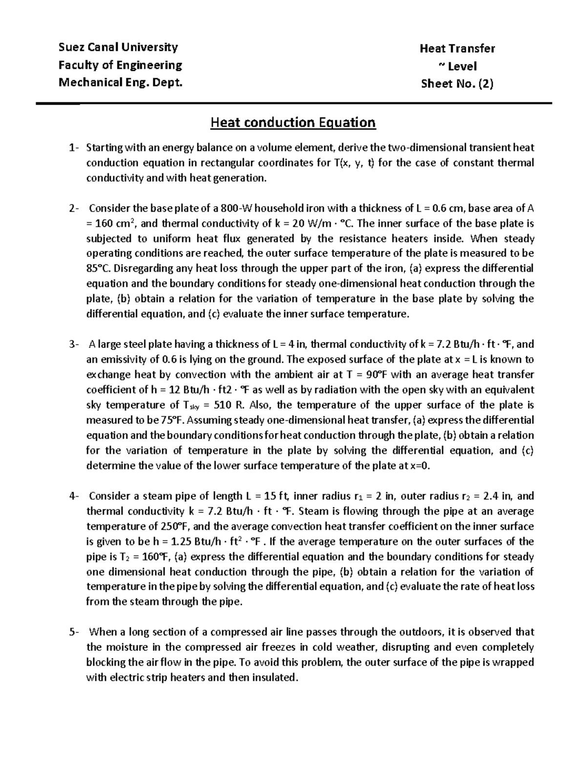 Sheet 2 Heat conduction Equation - Heat conduction Equation 1- Starting ...