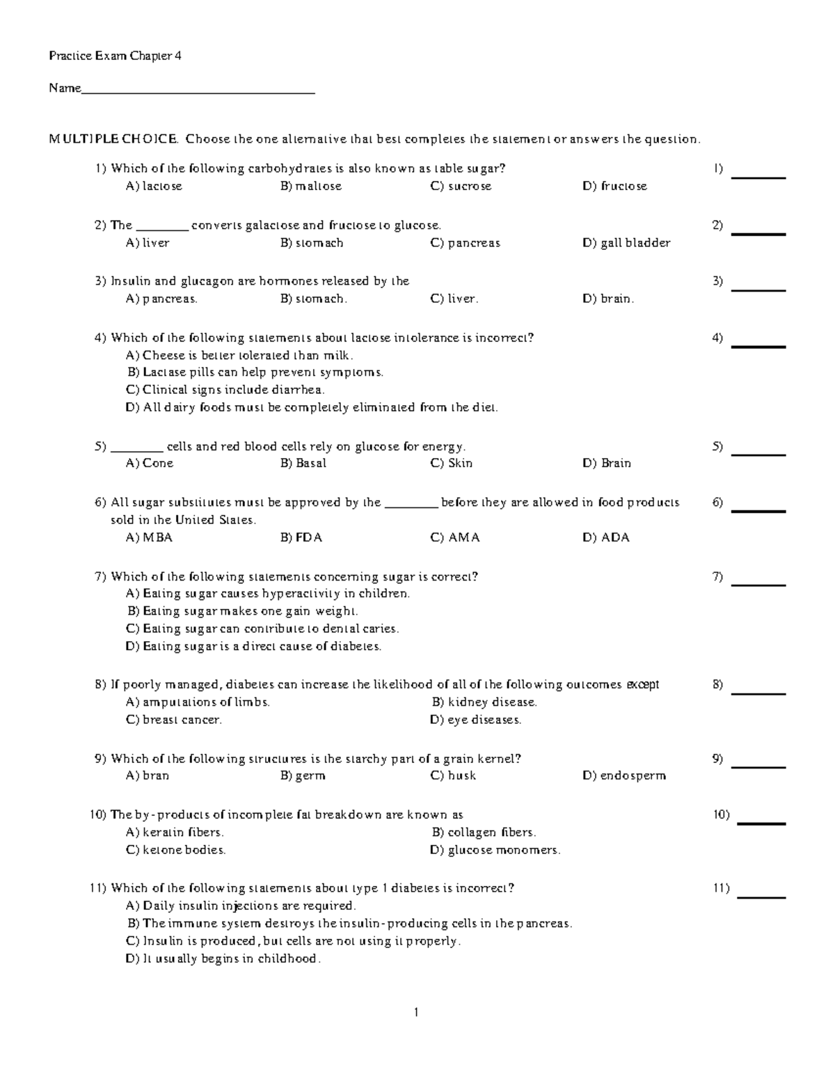 Carbohydrate Metabolism Practice Exam (BIO101) - Chapter 4 MCQs - Studocu