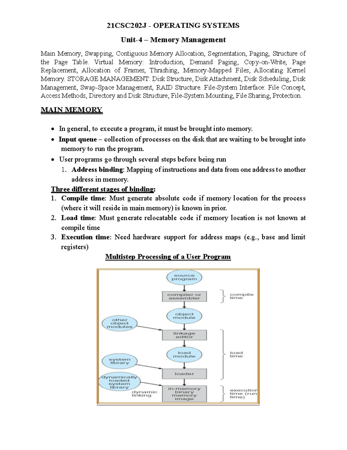 21CSC202J - Operating Systems Unit 4 Memory Management Notes - Studocu