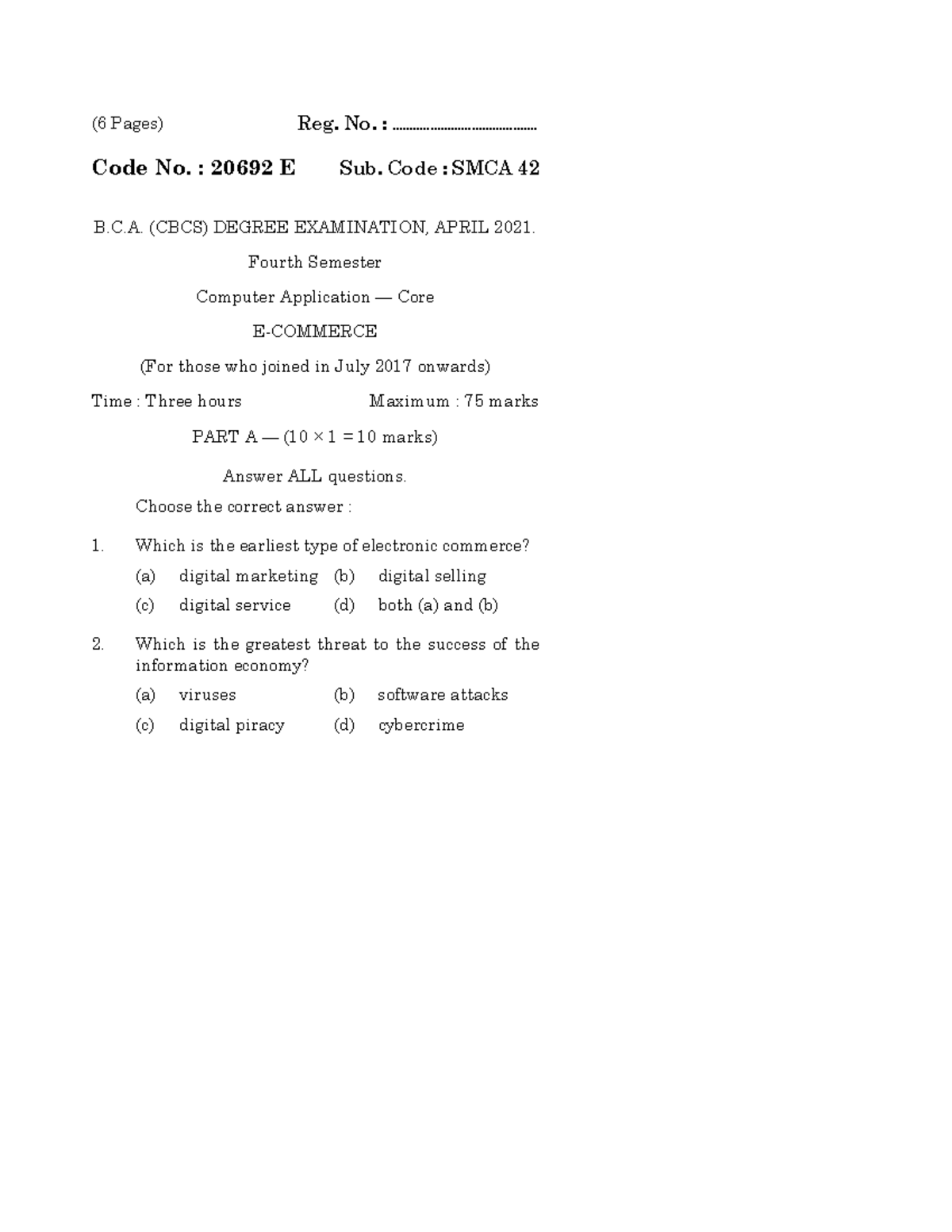 05 SMCA 42 E Commerce - Model Question Paper for B.C.A. Final Exam ...