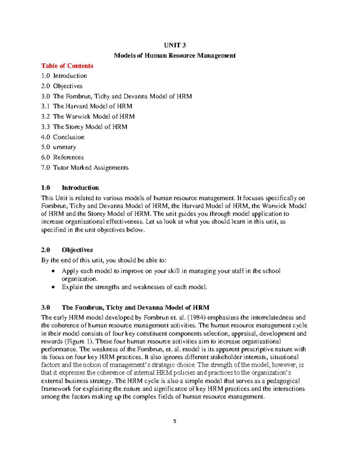 UNIT 3 - Models of Human Resource Management: Key Concepts and ...