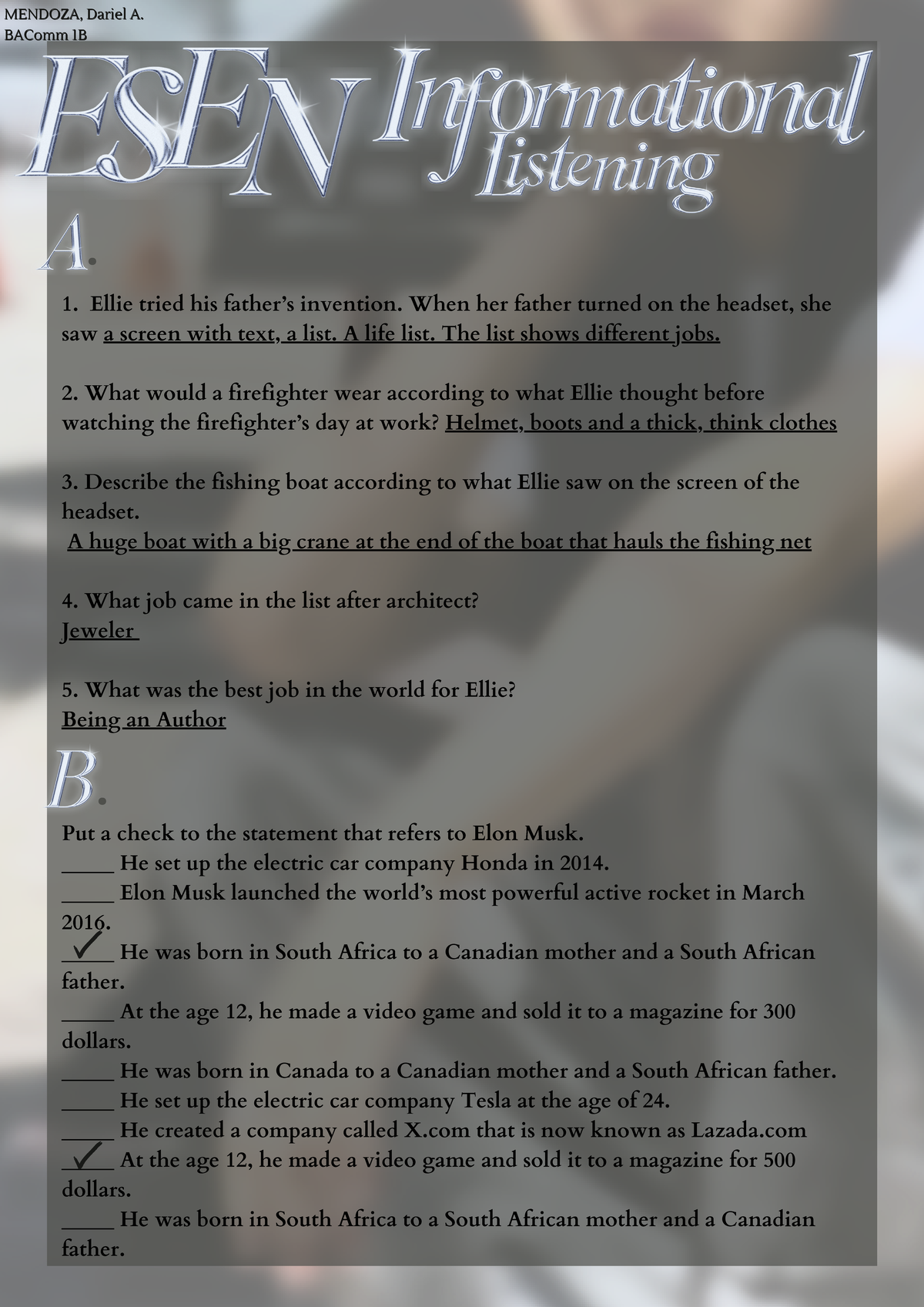 BAComm 1B - Informational Listening Activities and Elon Musk Quiz - Studocu