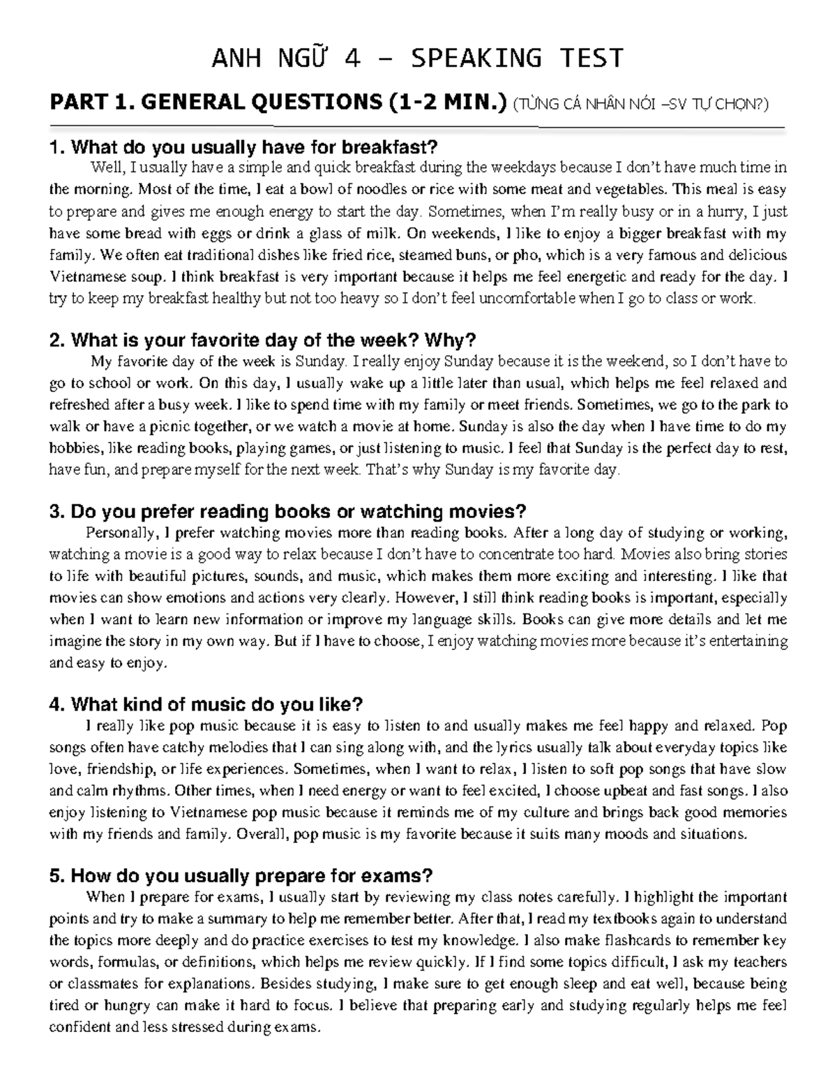 Speaking Test HHPC: Part 1 & 2 General Questions and Topics - Studocu