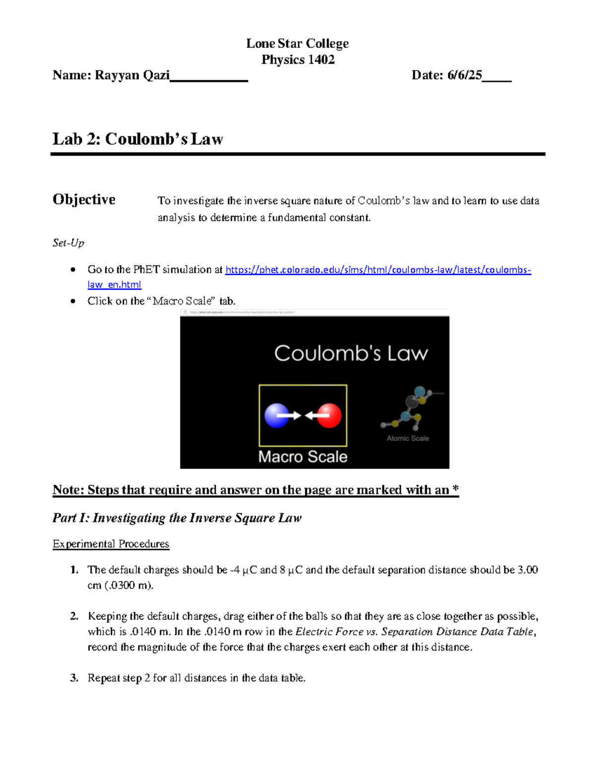 Lab 2: Coulomb's Law Analysis - Physics 1402 - Studocu