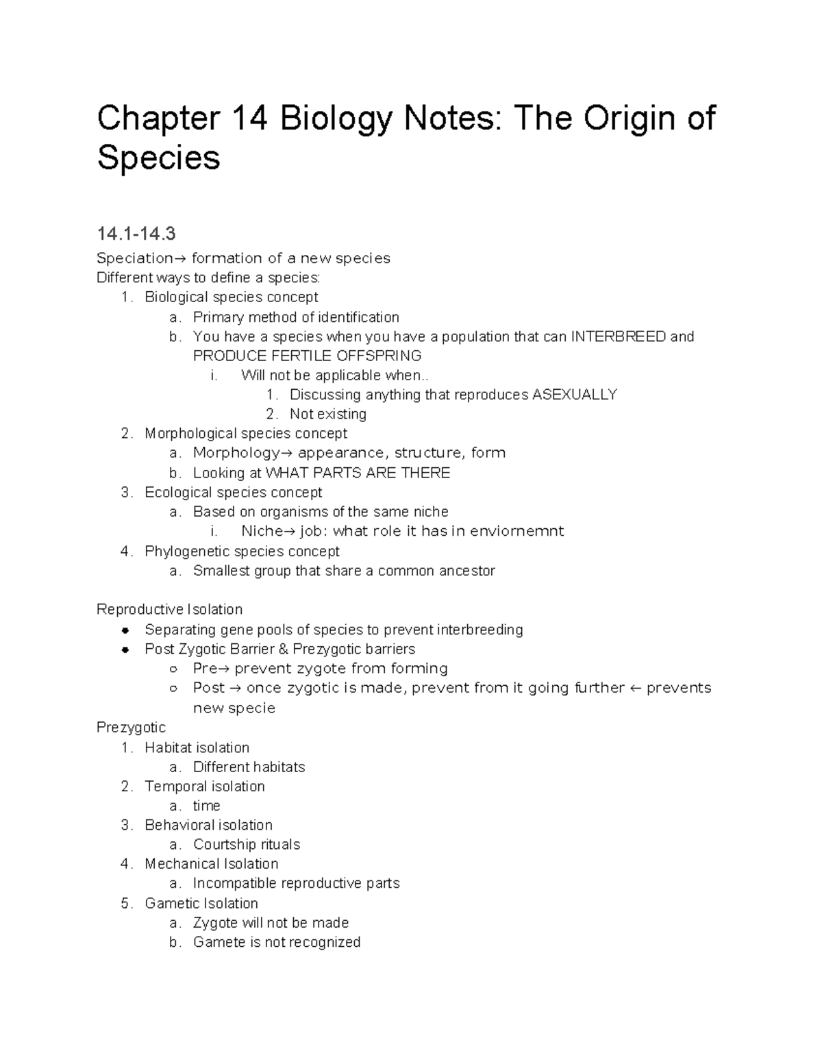 Chapter 14 Biology Lecture Notes: Speciation and Evolution Concepts ...