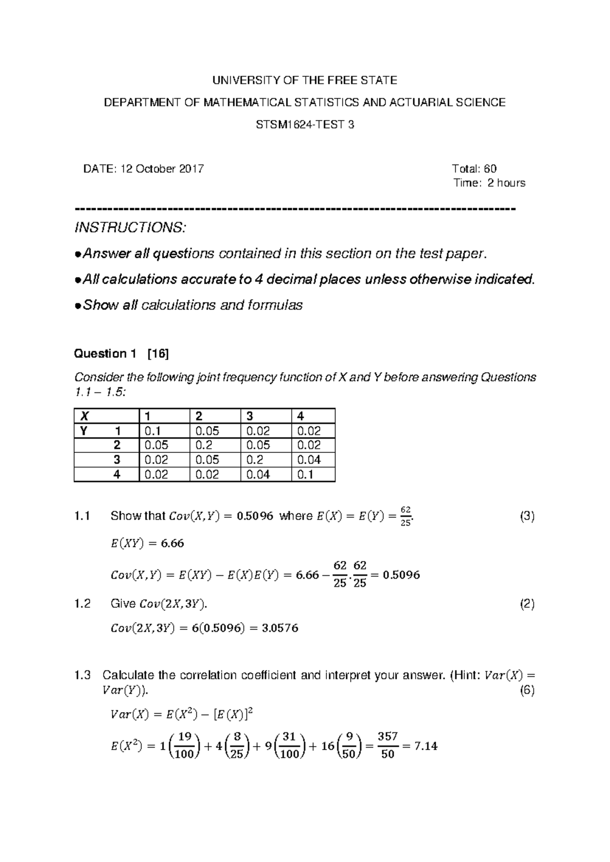 Test 3 Memo 2017: Mathematical Statistics & Actuarial Science - Studocu