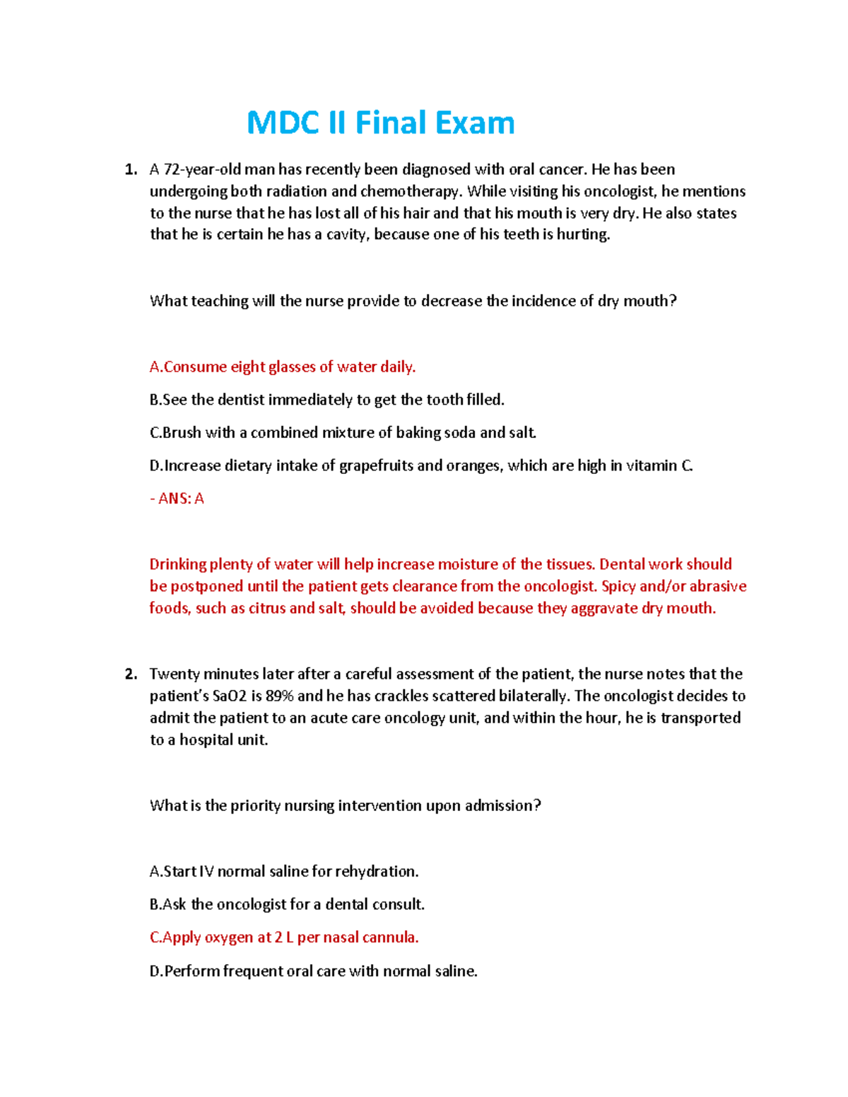 MDC II Final Exam - Oncology and Gastroenterology Nursing Focus - Studocu