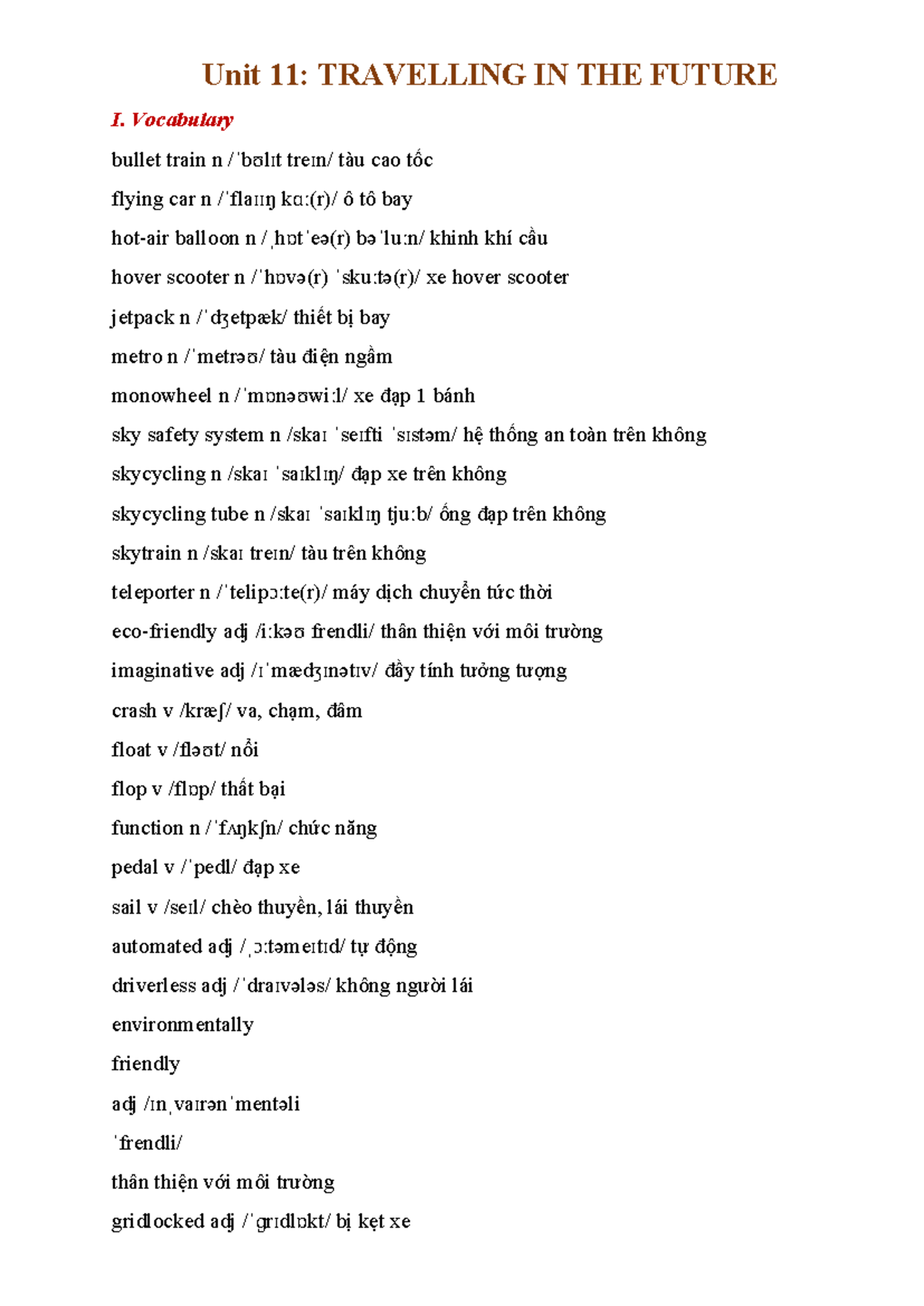 Unit 11: Future Transportation Vocabulary & Grammar Notes - Studocu