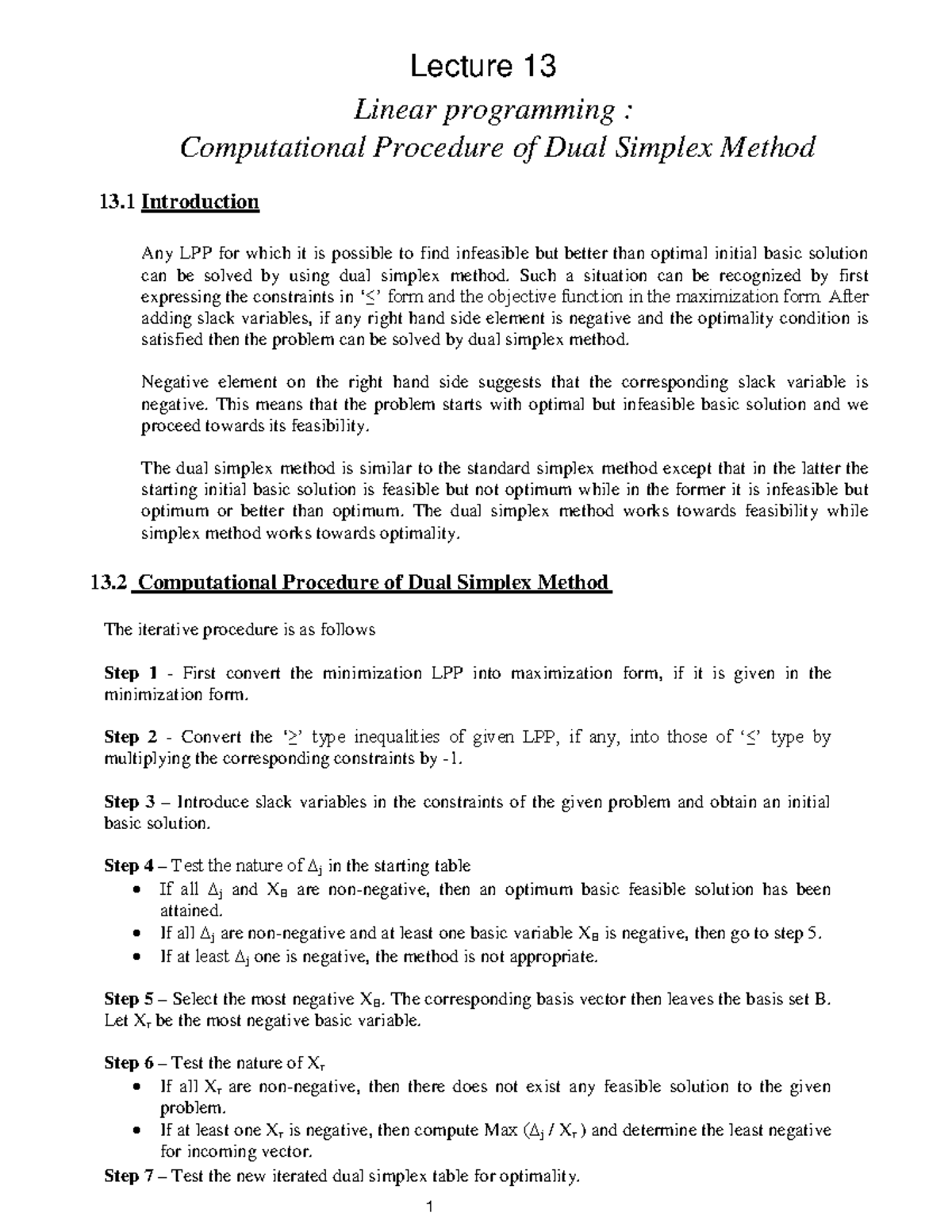 Dual Simplex Method - Lecture Notes on Linear Programming - Studocu