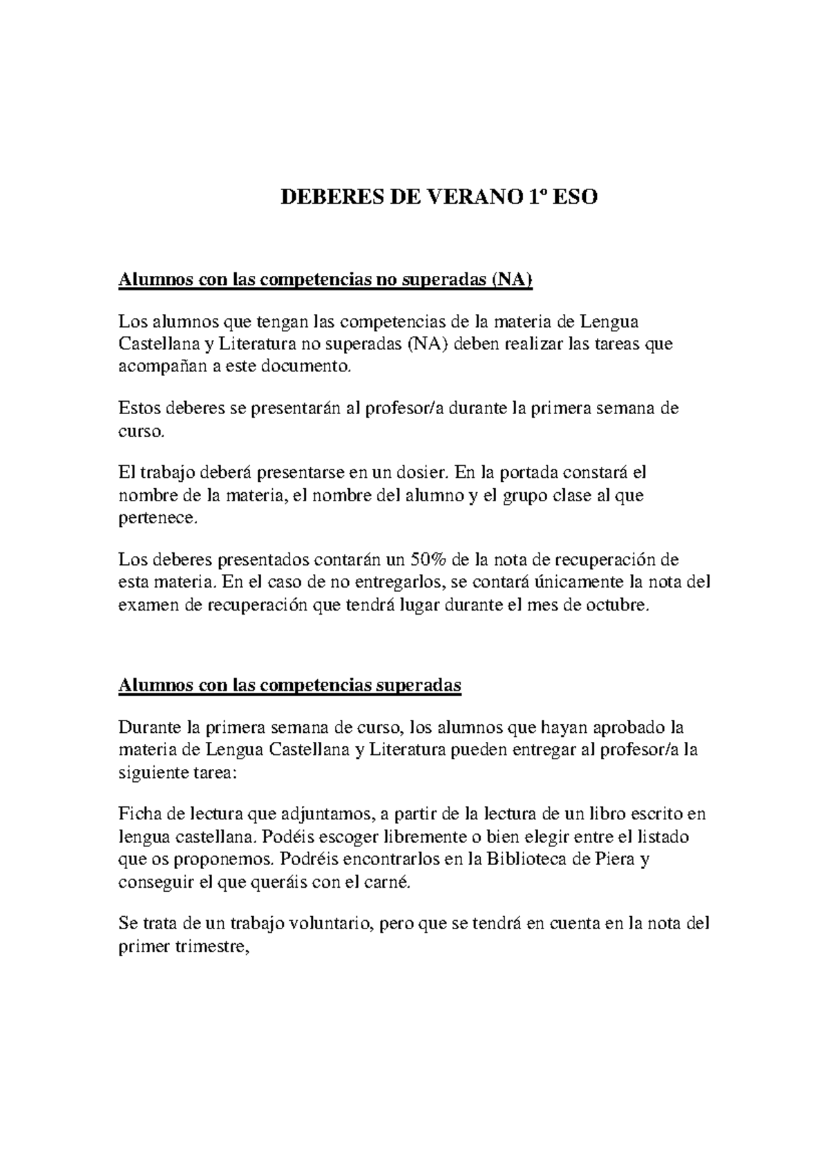 Castellano 1º ESO: Deberes de Verano 2019-2020 para NA - Studocu