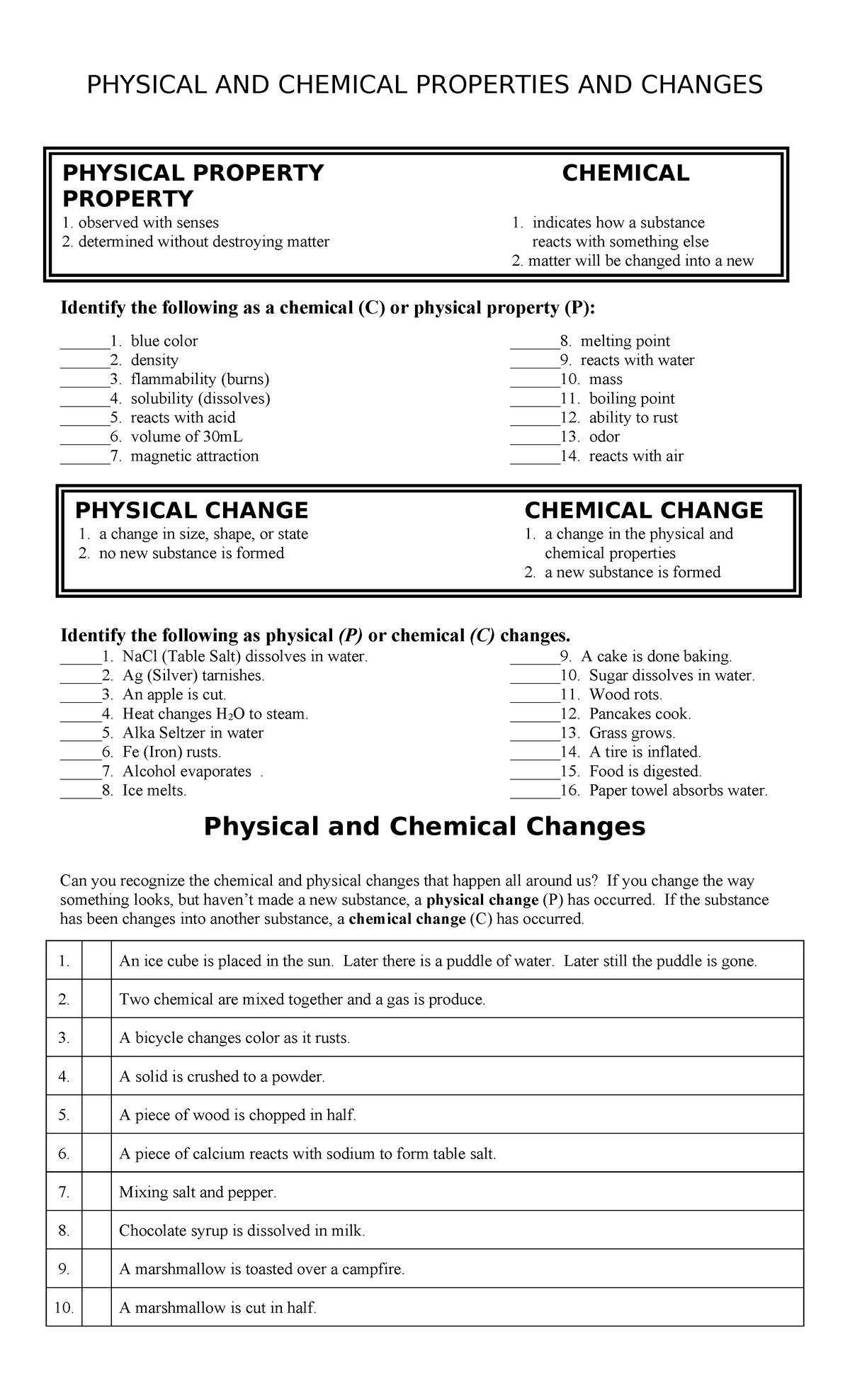 Physicaland Chemical Changes Worksheet - PHYSICAL PROPERTY CHEMICAL ...