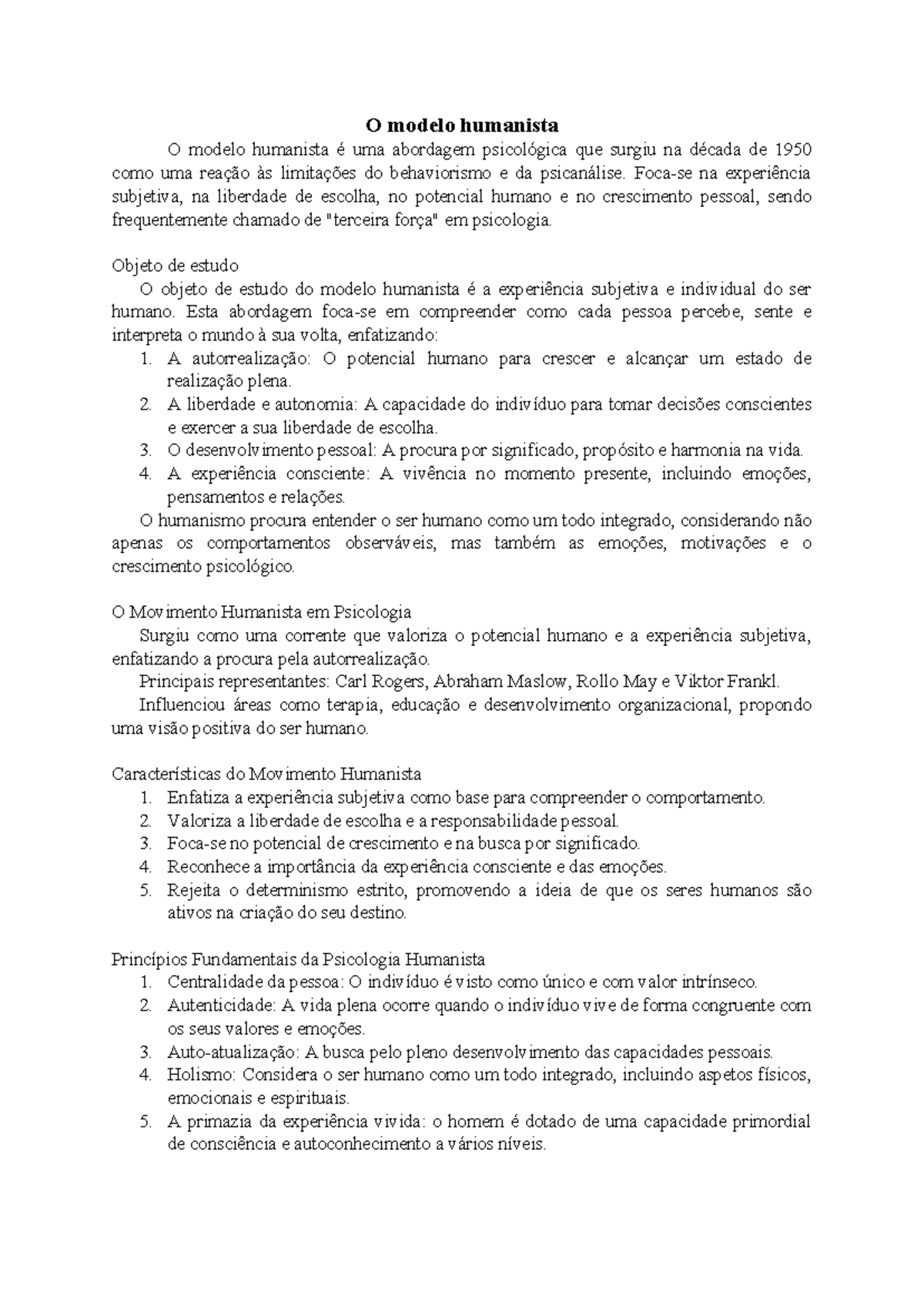 Resumo do Modelo Humanista em Psicologia - PSICO 101 - Studocu