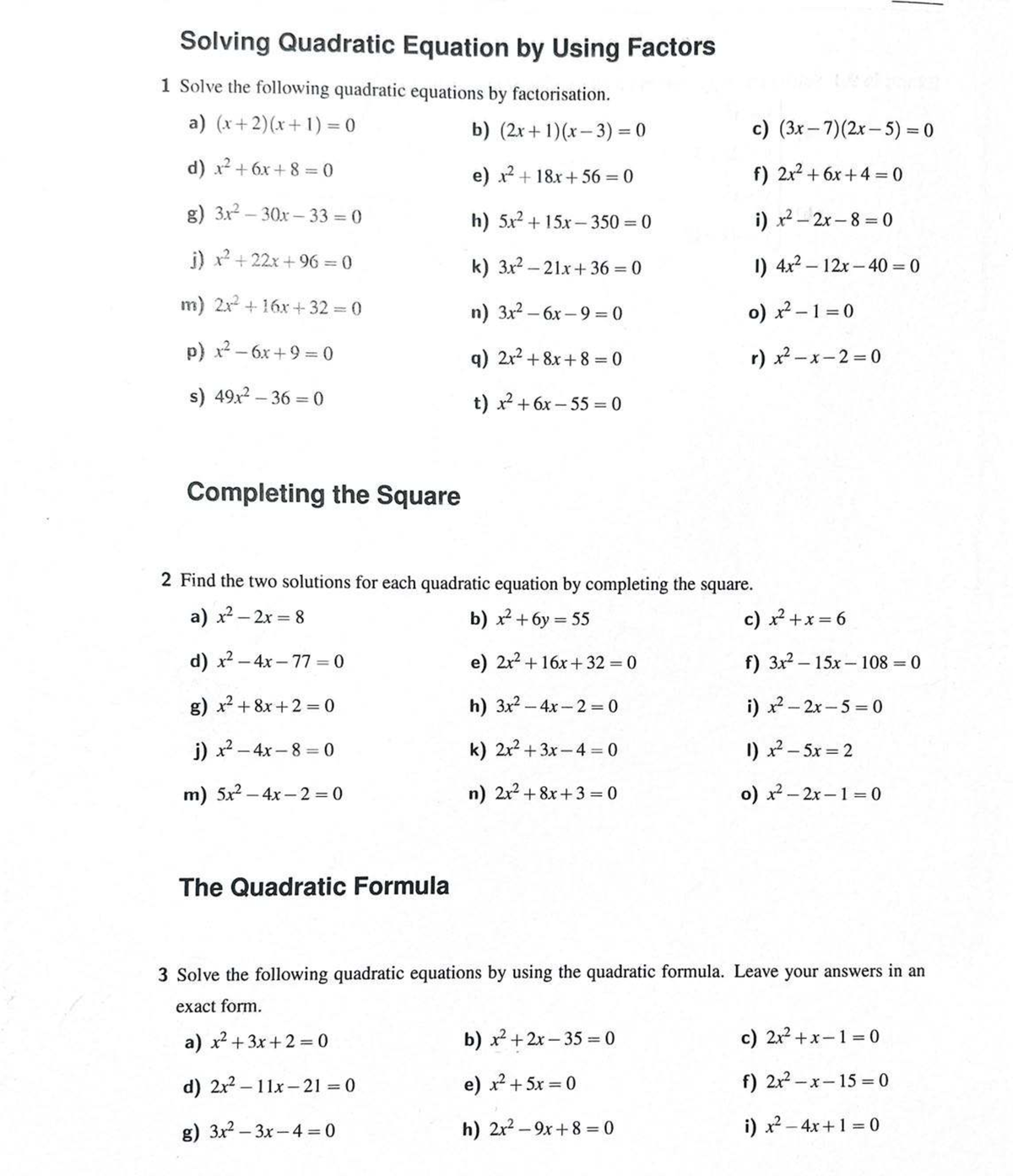 Quadratic Equations: Solving by Factors, Completing the Square, and ...