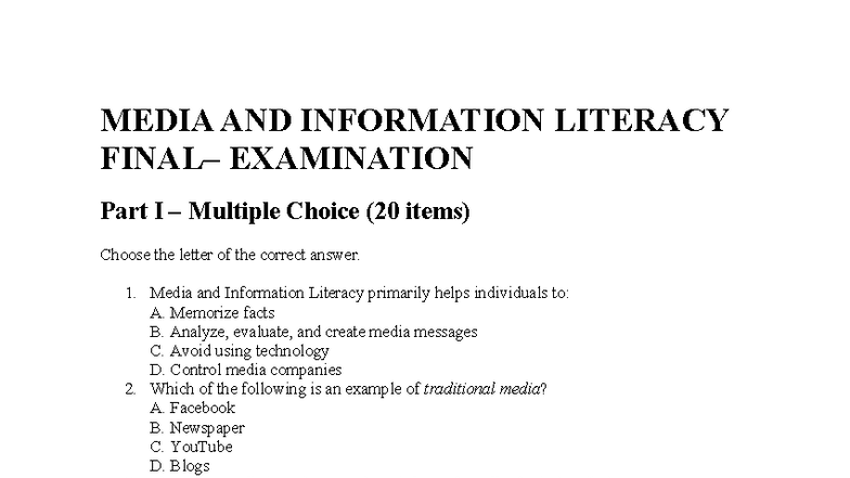 MEDIA AND INFORMATION LITERACY (MIL) FINAL EXAMINATION - Studocu
