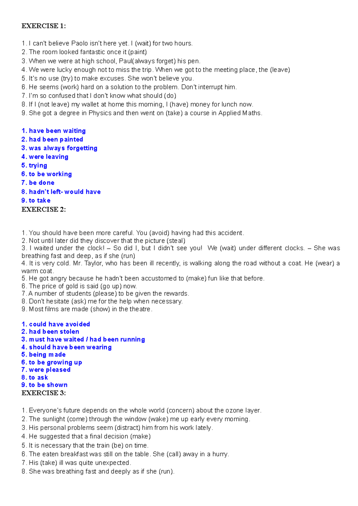 VERB Tenses and Forms Exercises for Grade 9TH - Studocu