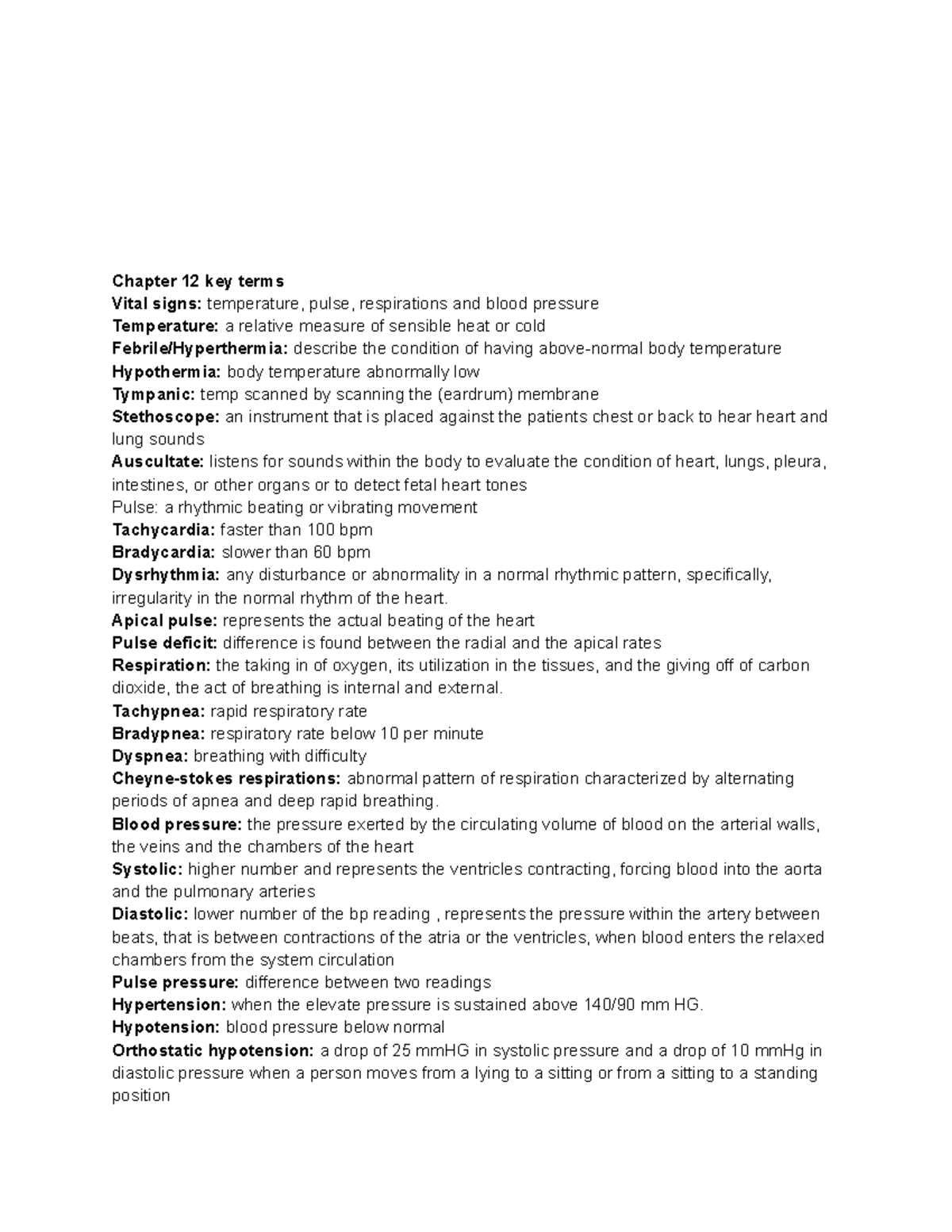 Chapter 12 Key Terms: Vital Signs in Fundamentals Class - Studocu