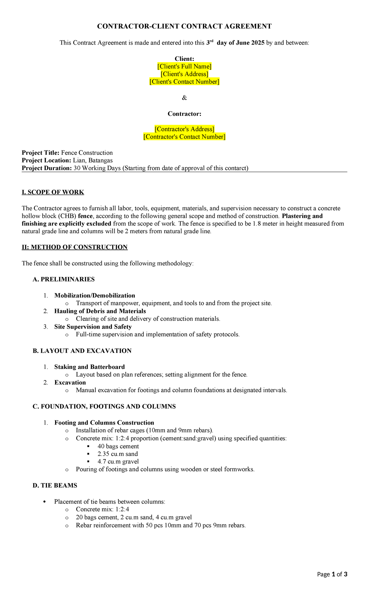 Contract Agreement for Fence Construction Project (2025) - Studocu