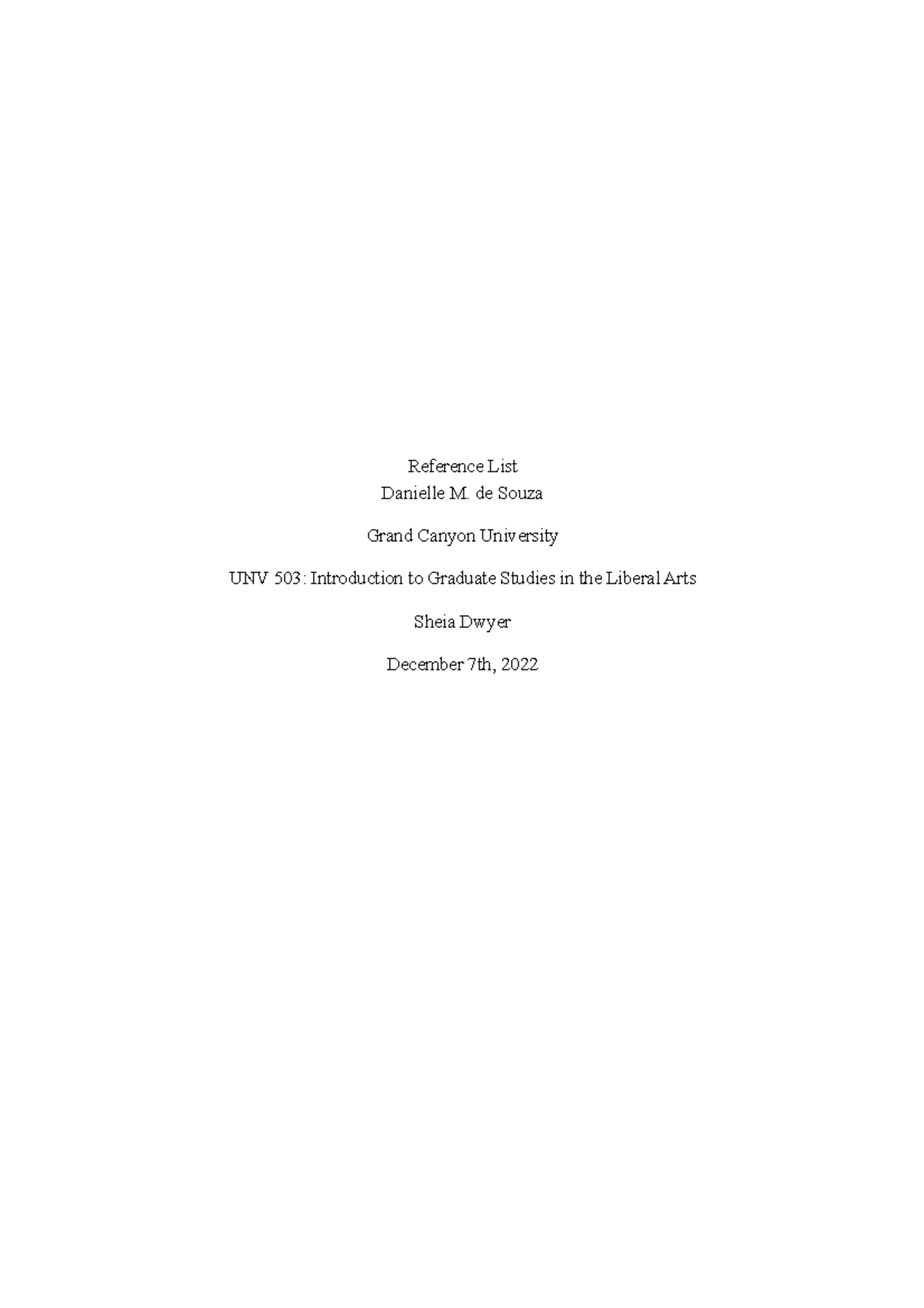 UNV 503: Reference List for Graduate Studies in Liberal Arts - Studocu