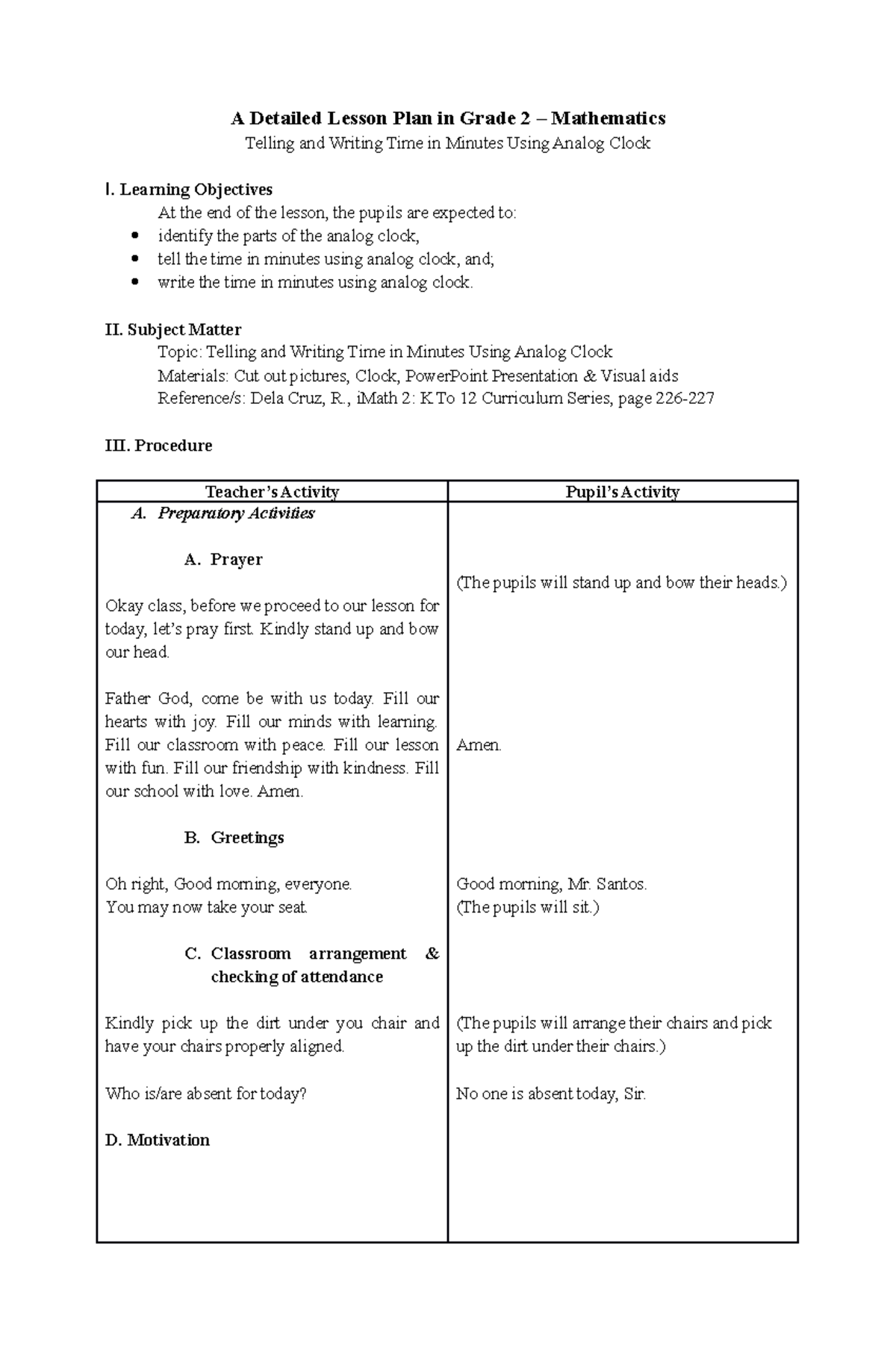 DLP-Math Grade 2: Detailed Lesson Plan on Telling Time Using Analog ...