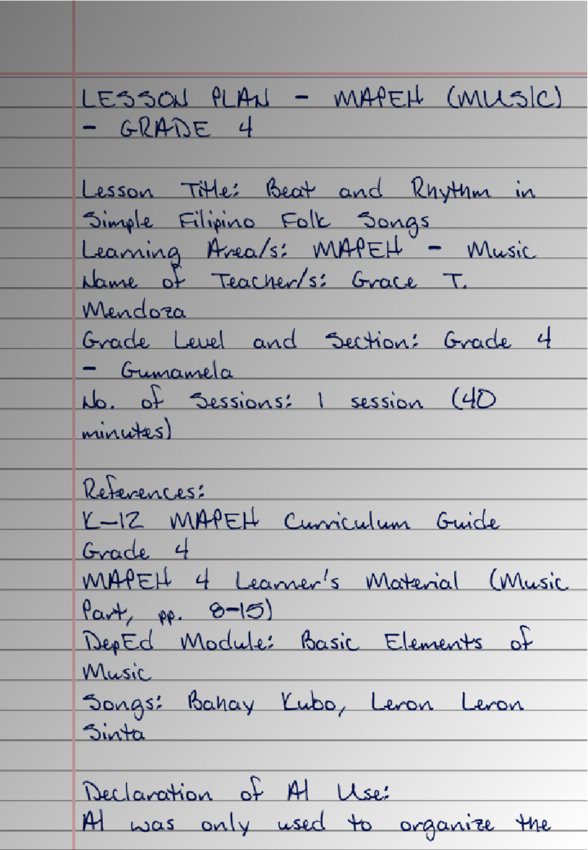 LESSON PLAN MAPEH 4: Beat & Rhythm in Filipino Folk Songs - Studocu