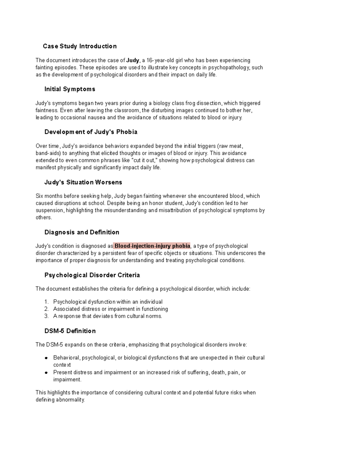 AB PSY #1 - Case Study: Judy's Blood-injection-injury Phobia Insights ...