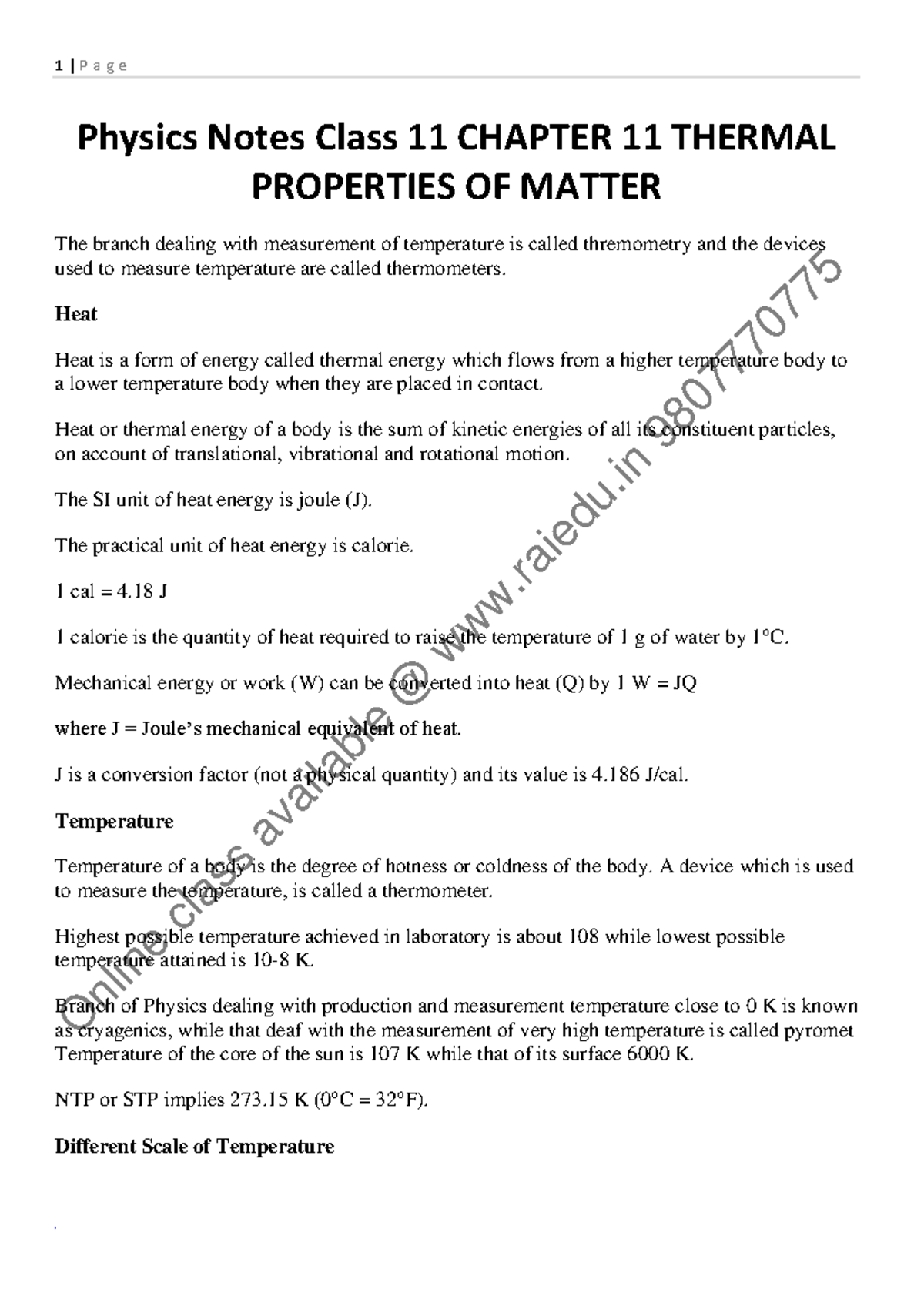 Physics Class 11: Chapter 11 - Thermal Properties of Matter Notes - Studocu