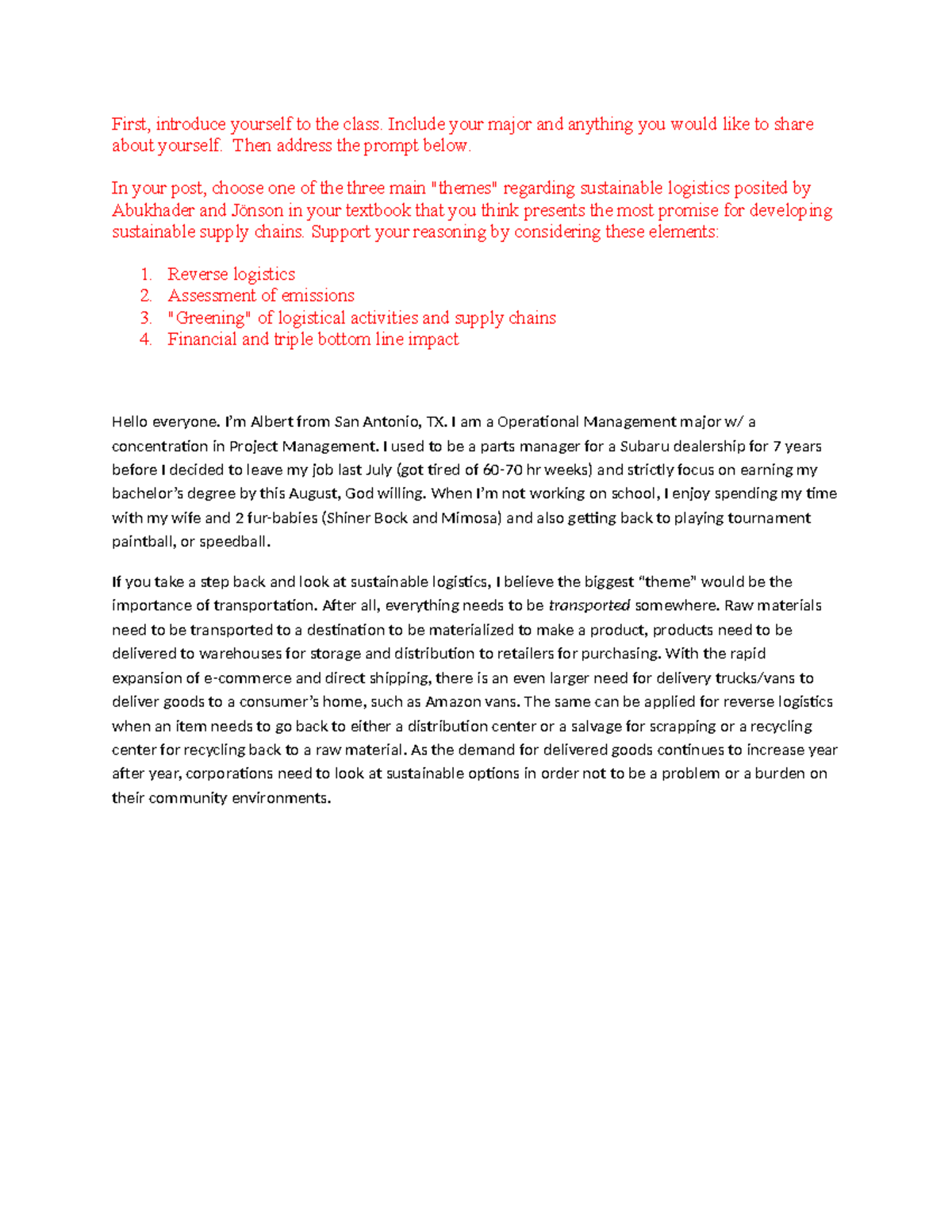 SUST 101 Discussion 1 - Exploring Sustainable Logistics Themes - Studocu